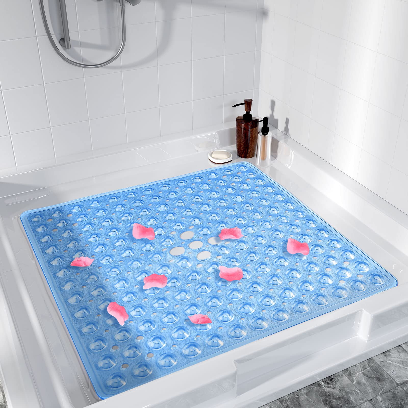 Semfri 21x21 inch Square Shower Stall Mat with Suction and Drain Hole ...