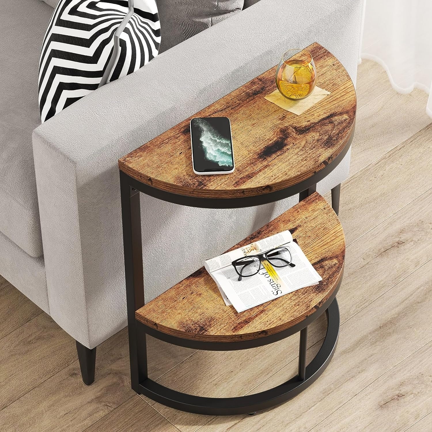 Semi Circle End Table Small Half Round Side Tables 1pcs - Brown-2 Tiers ...