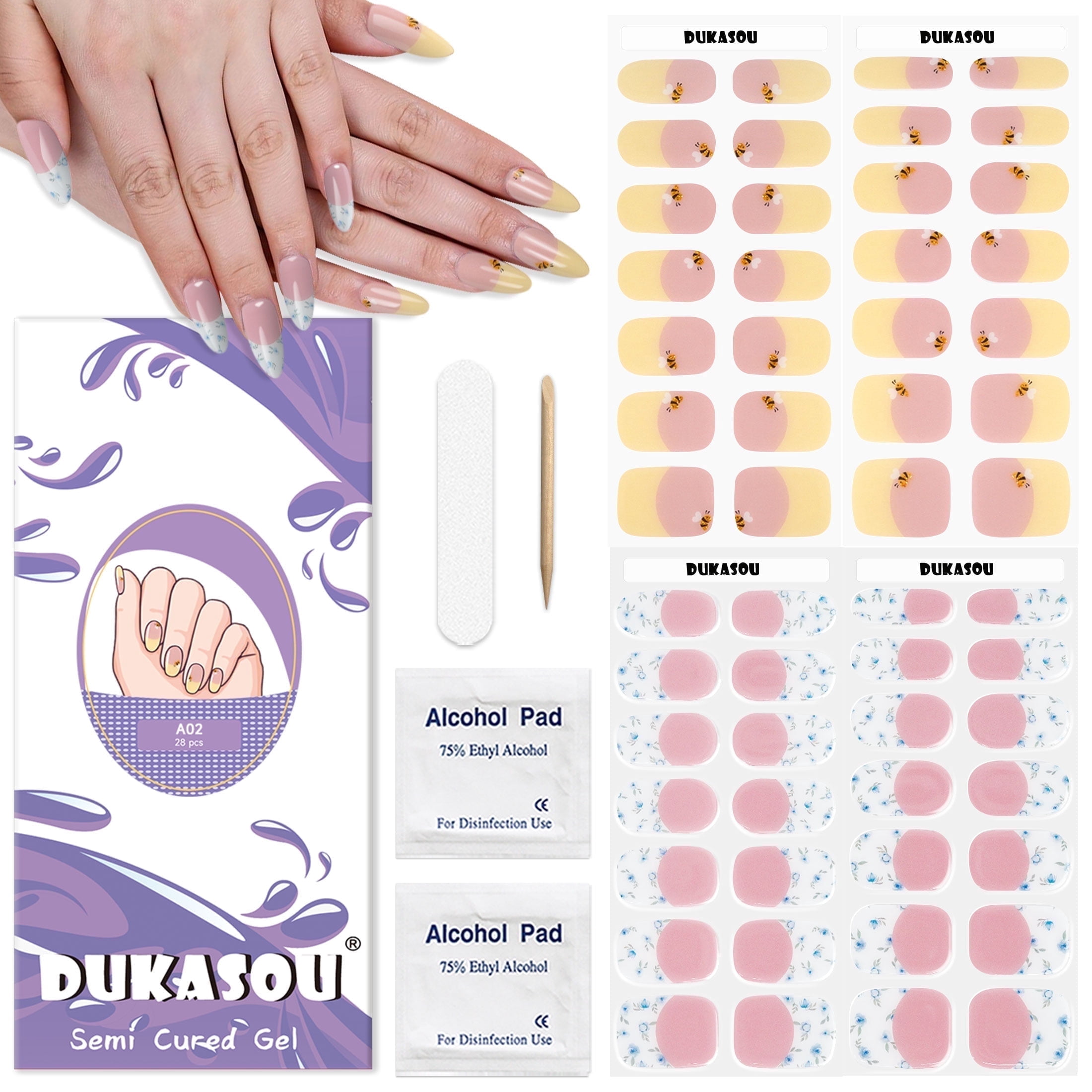 DUKASOU Semi Cured Gel Nail Strips (56PCS), Finger Gloss Gel Nail ...