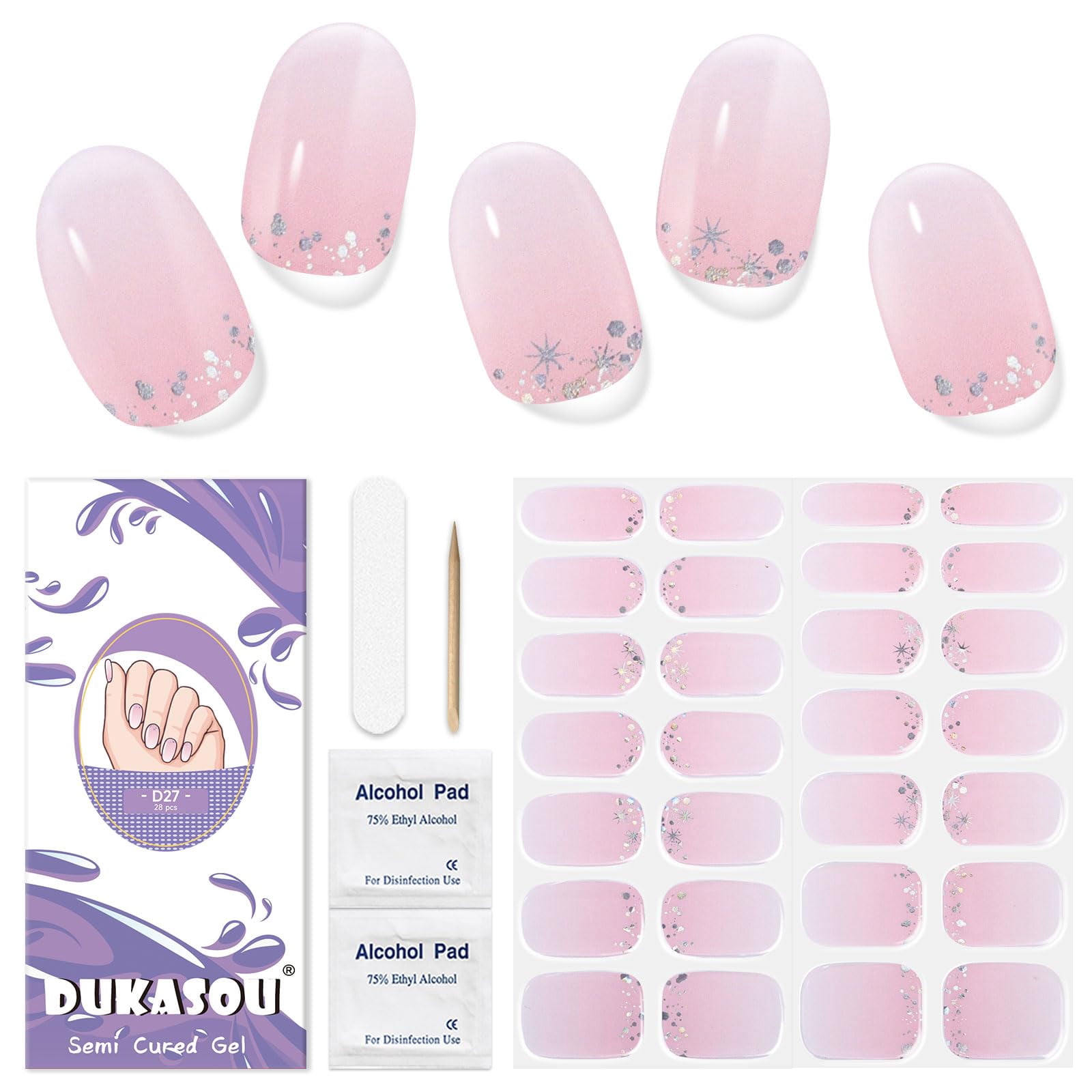 Semi Cured Gel Nail Strips, 28 pcs Gel Nail Strips, Nail Gel Stickers ...
