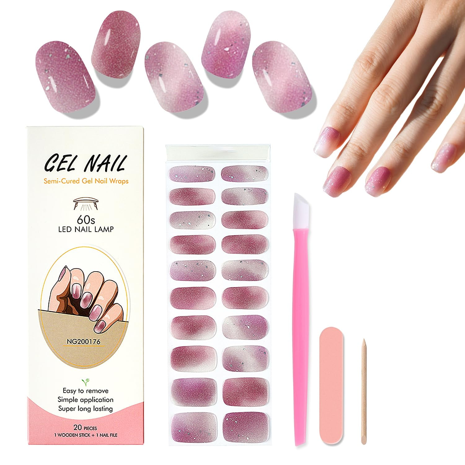 Semi Cured Gel Nail Strips, Gradient Pink Glittery Gel Nail Polish ...
