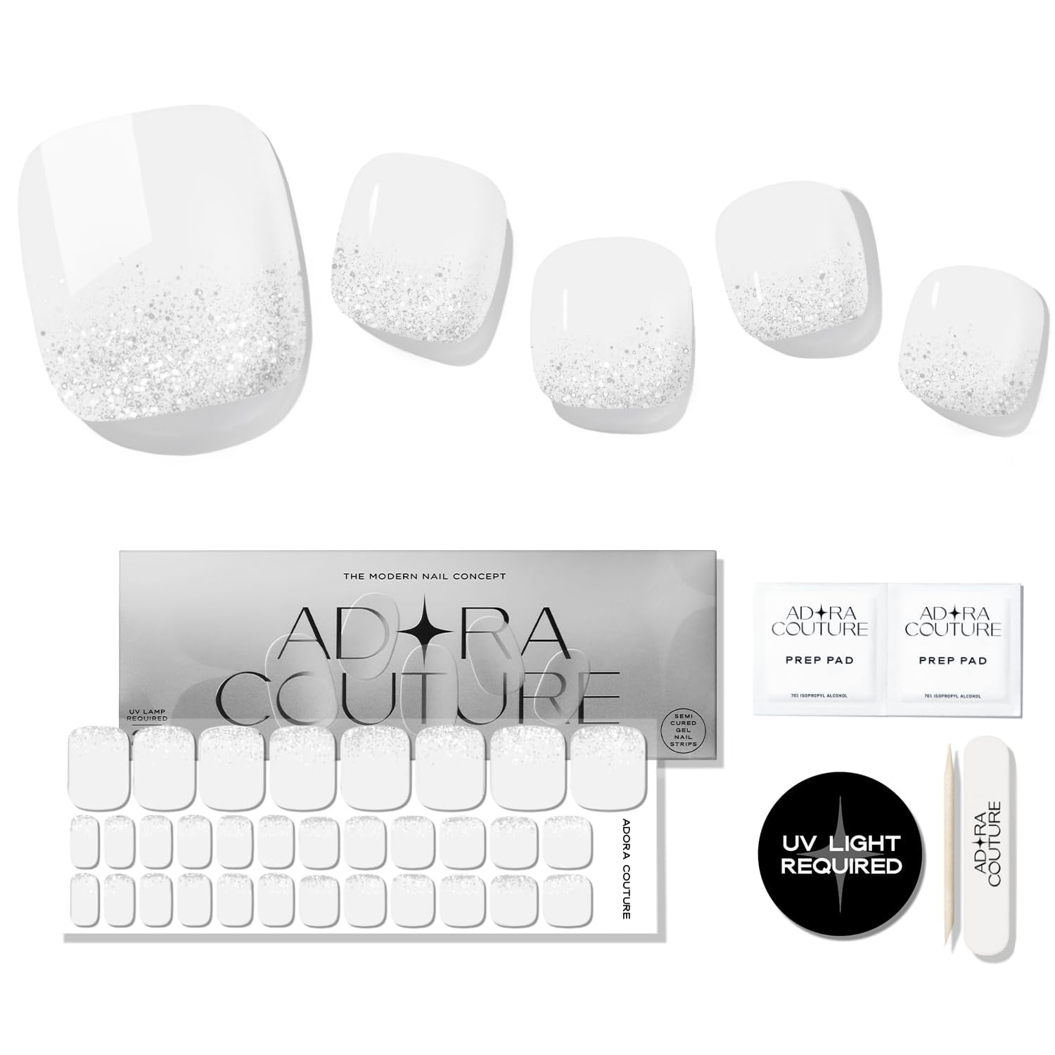 Semi Cured Gel Nail Strips Pedicure | 32pcs White Glitter Gel Pedi ...