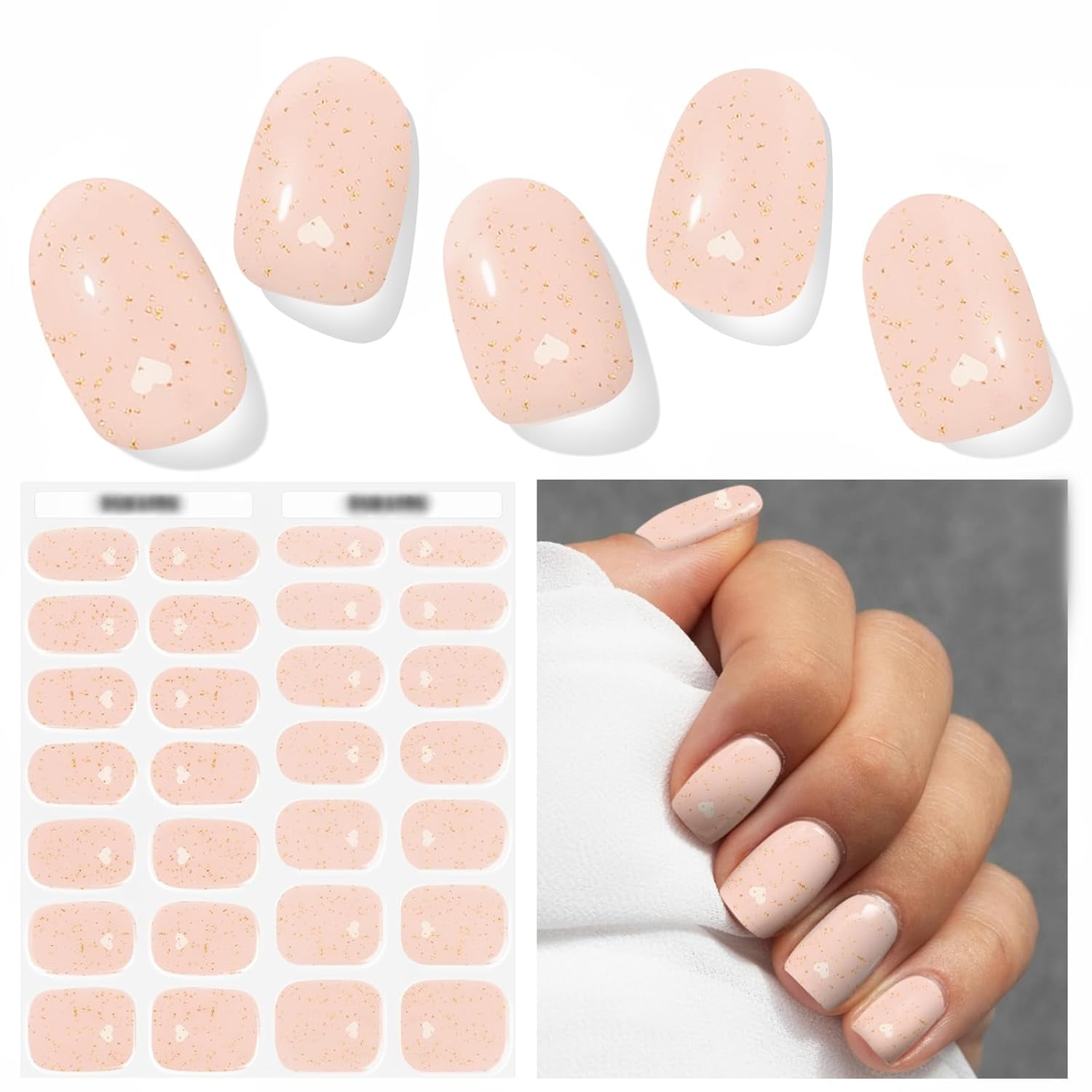 Semi Cured Gel Nail Strips for Valentine, 28 pcs Heart to Heart Gel Nail Strips Work with Any UV ...