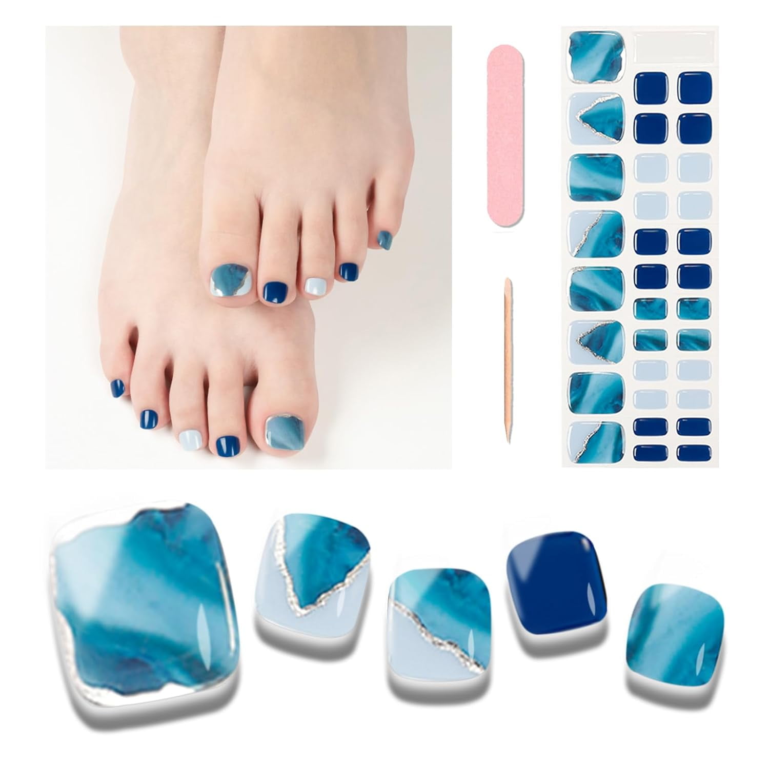 Semi Cured Gel Toenail Strips, 32 Blue Marble Gel Toenail Stickers ...
