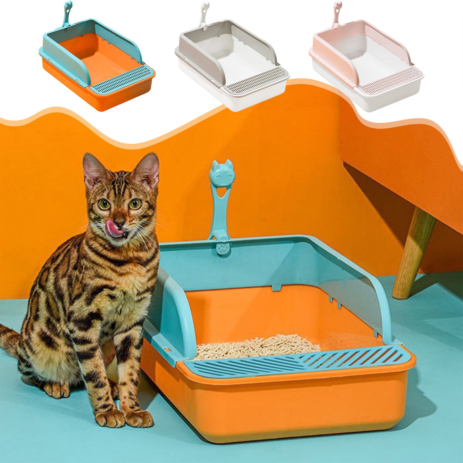 Semi Enclosed Cat Litter Box, Extra Large Cat Pan, Splash Proof Design ...