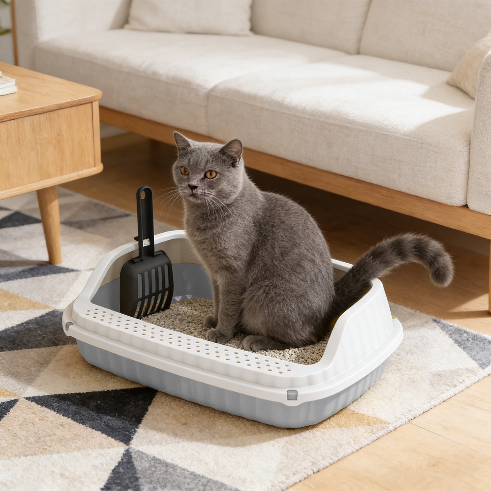 Semi Enclosed Cat Litter Box High Side Splash Guard Anti Scatter Large ...