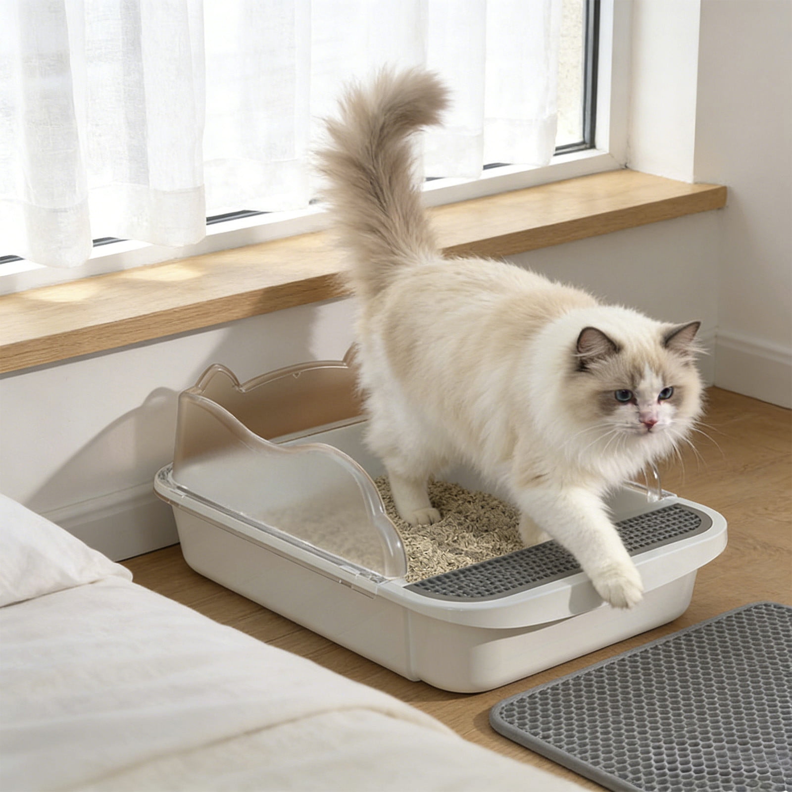Semi-Enclosed Cat Litter Box with Splash-Proof Design & Scoop | High ...