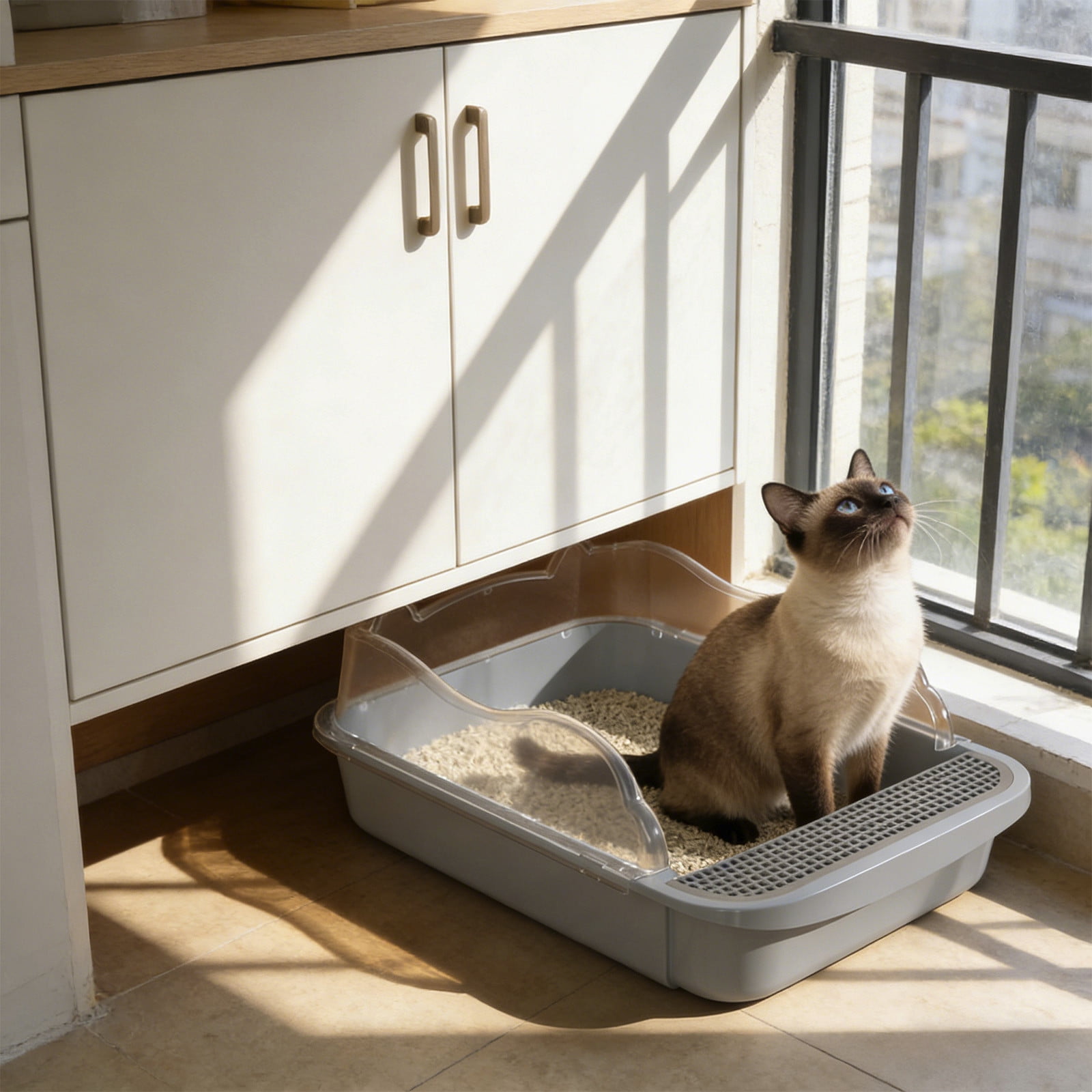 Semi-Enclosed High Bar Cat Litter Box with Splash-Proof Design for Easy ...