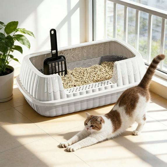 Semi Enclosed High Bar Cat Litter Box With Splash Proof Design, Raised ...