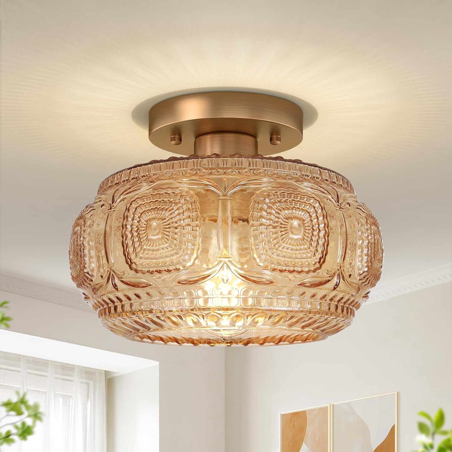Semi Flush Mount Ceiling Light, Amber Globe Glass Ceiling Light Fixture ...
