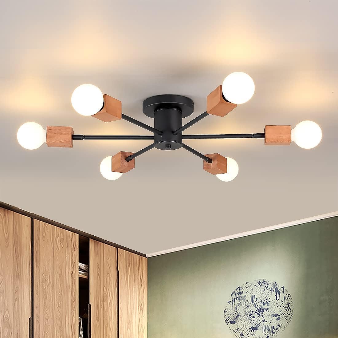 Semi Flush Mount Ceiling Light Fixture 6-Lights Rustic Wooden Sputnik ...