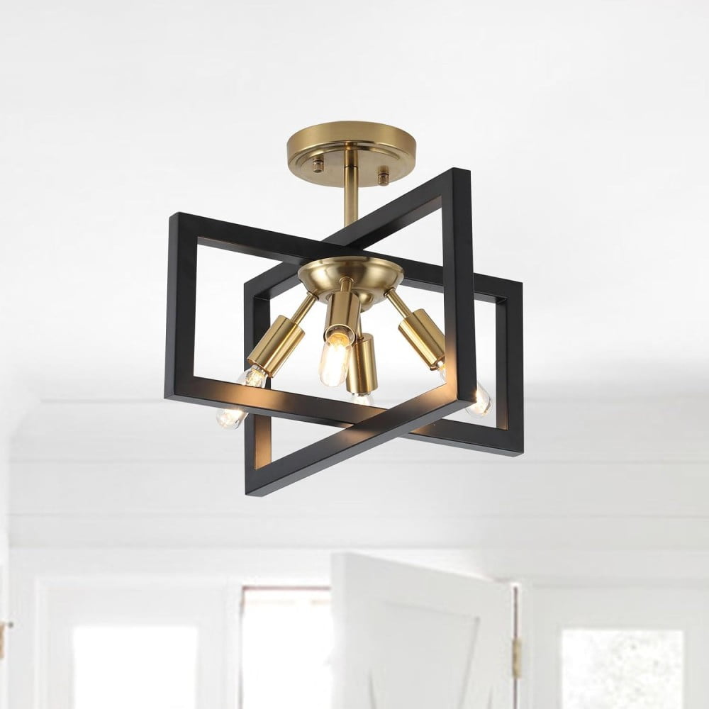 Semi-Flush Mount Ceiling Light - Modern Industrial Light Fixture Black and Gold,4-Light ...