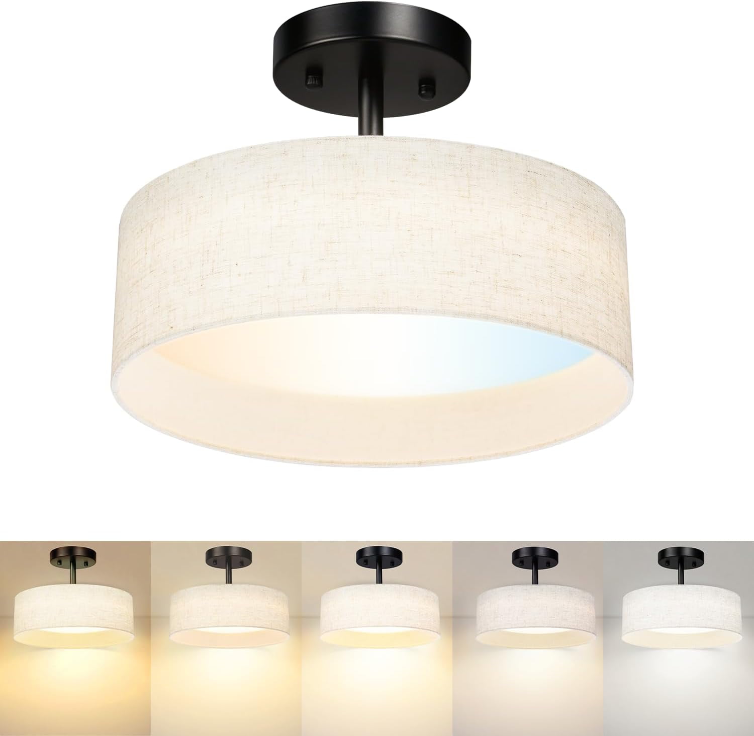 Semi Flush Mount Ceiling Light with White Fabric Shade, 12 inch LED ...