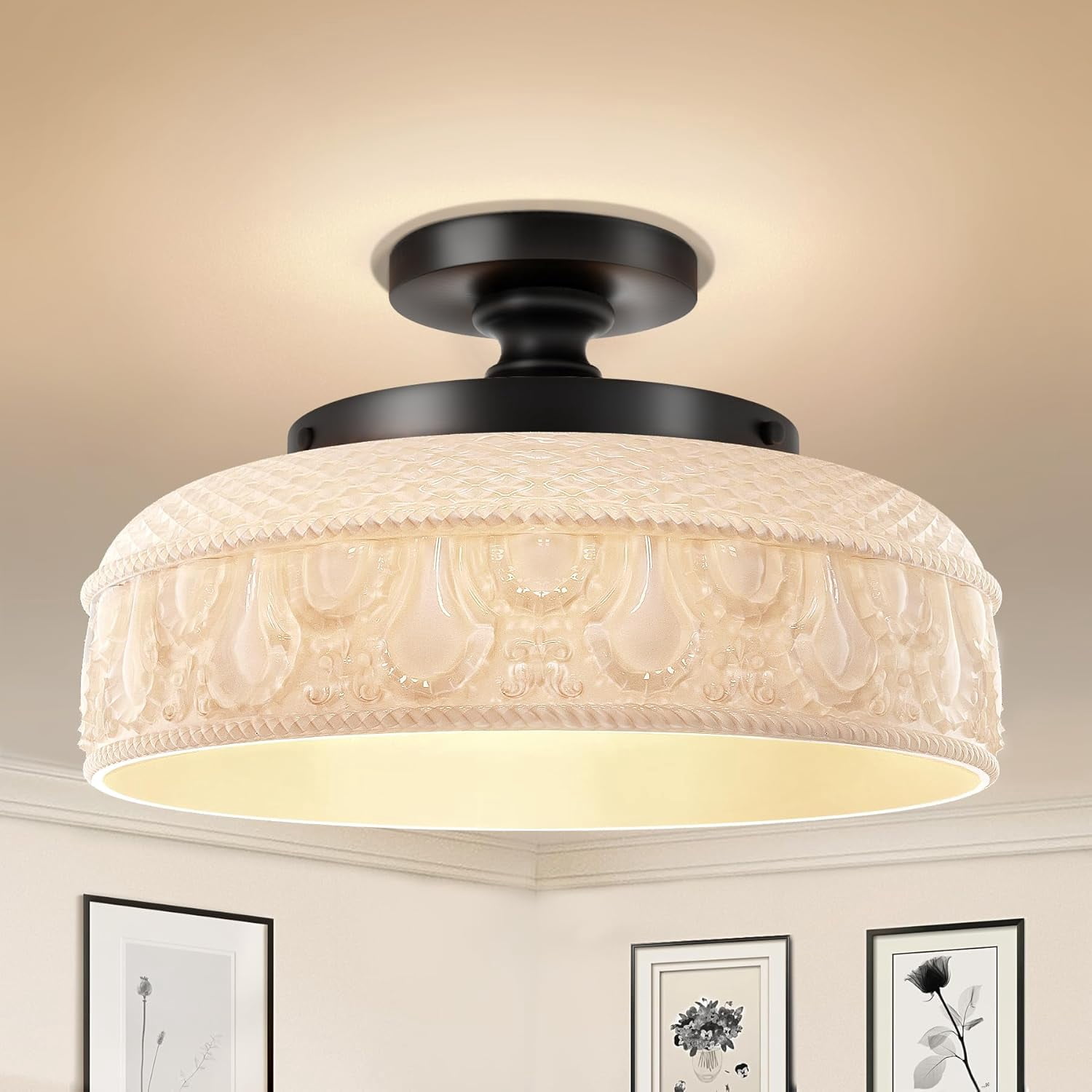 Semi Flush Mount Ceiling Light,White Glass Shade Black Hallway Light ...