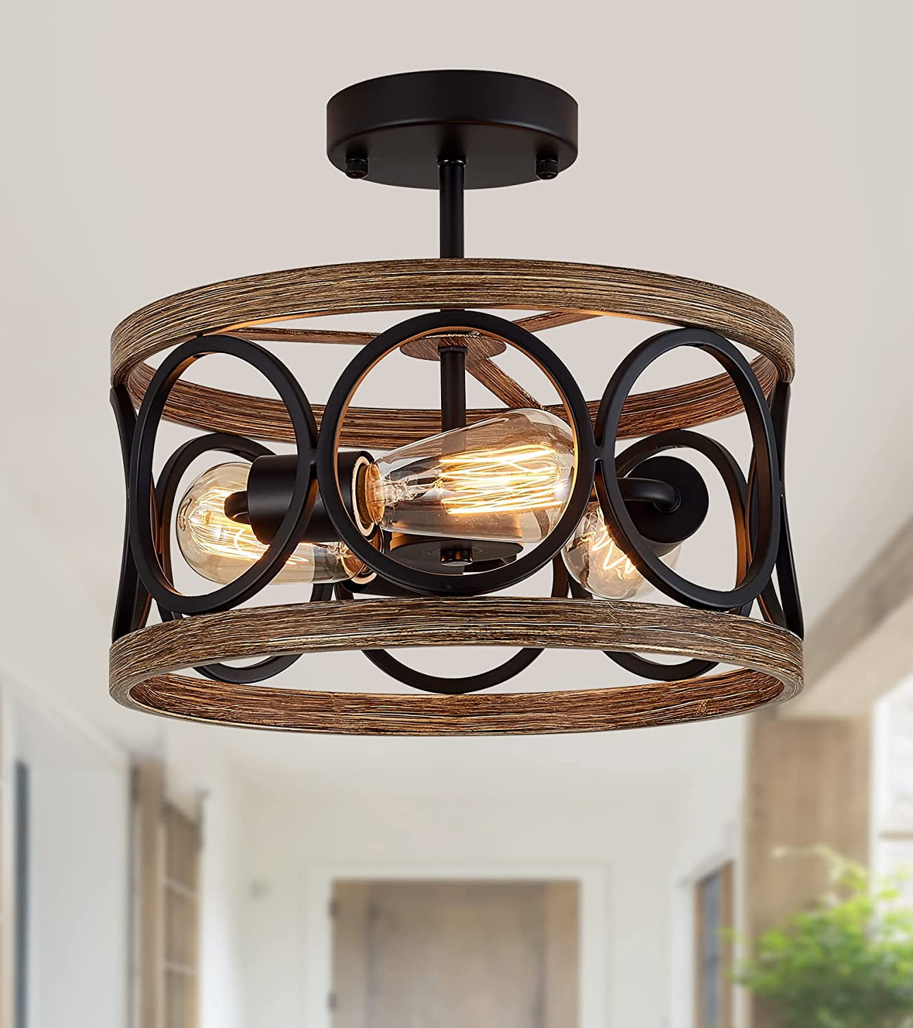 Semi Flush Mount Modern Farmhouse Ceiling Light Fixtures,3-Lights Black ...