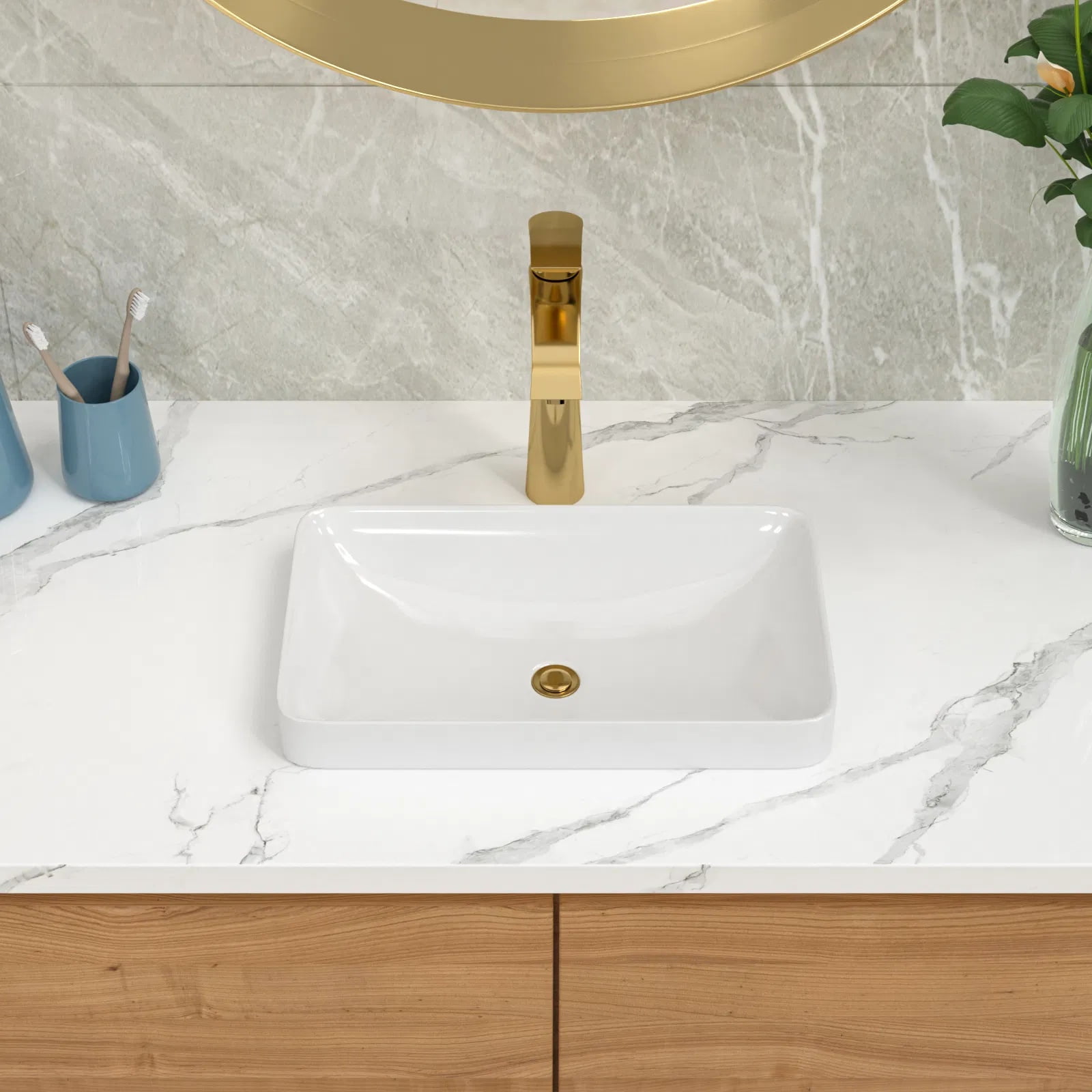 Semi-Recessed Ceramic Rectangular Above Counter Basin Drop in Bathroom ...