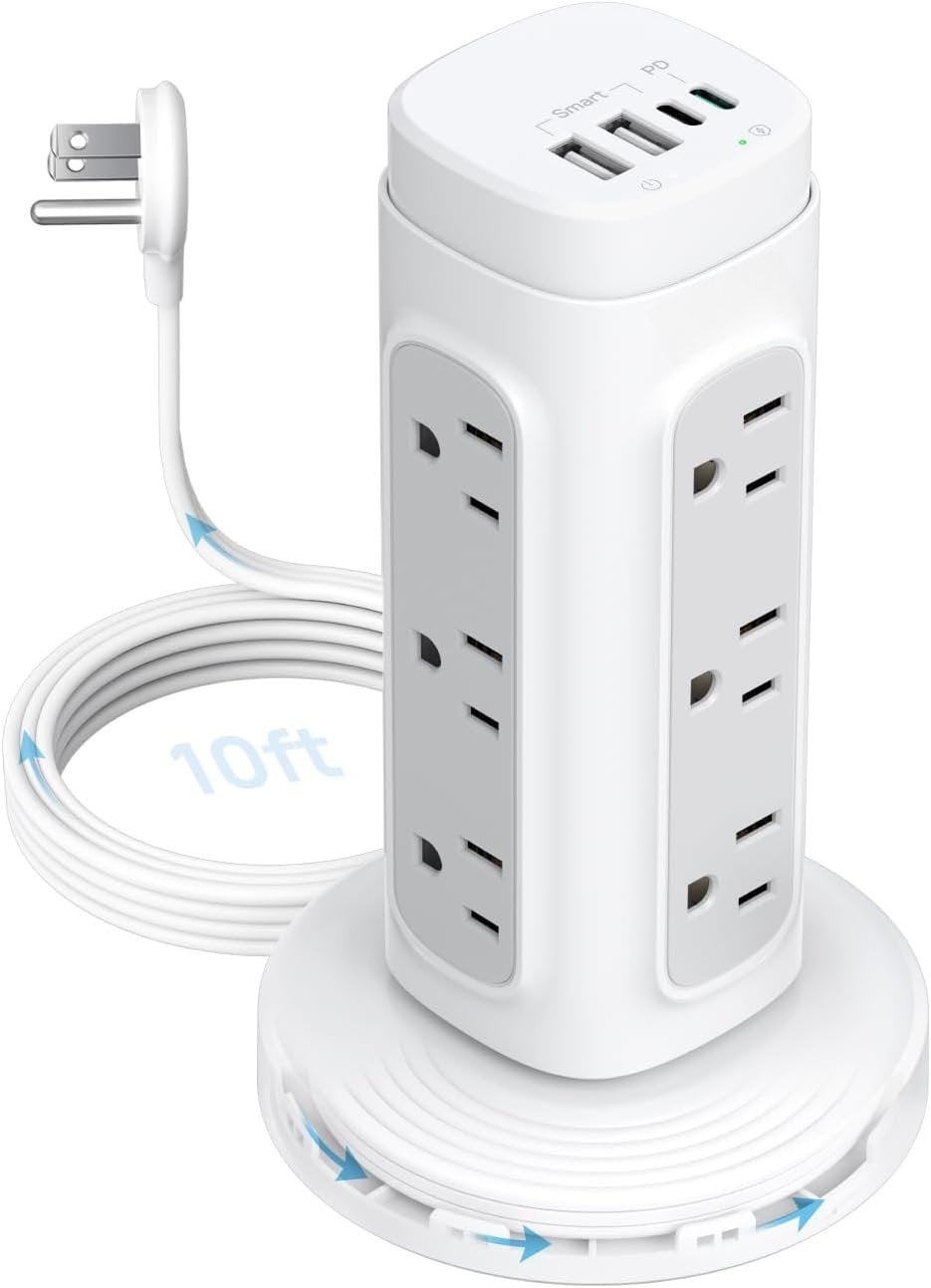 Semi-Retractable Power Strip Tower - Flat Plug Surge Protector Power ...