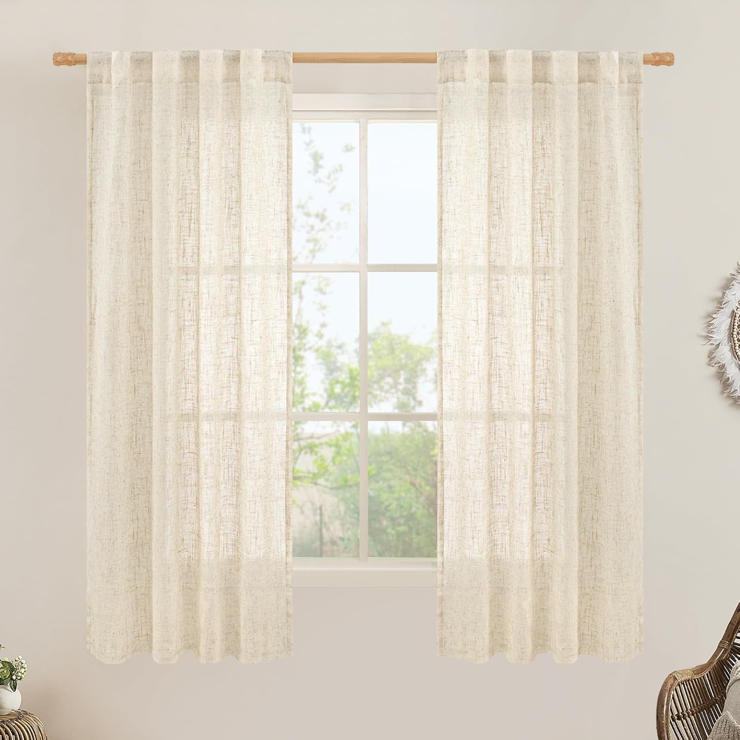 Semi Sheer Beige Linen Curtains 63 inch, Light Filtering Panels Back ...
