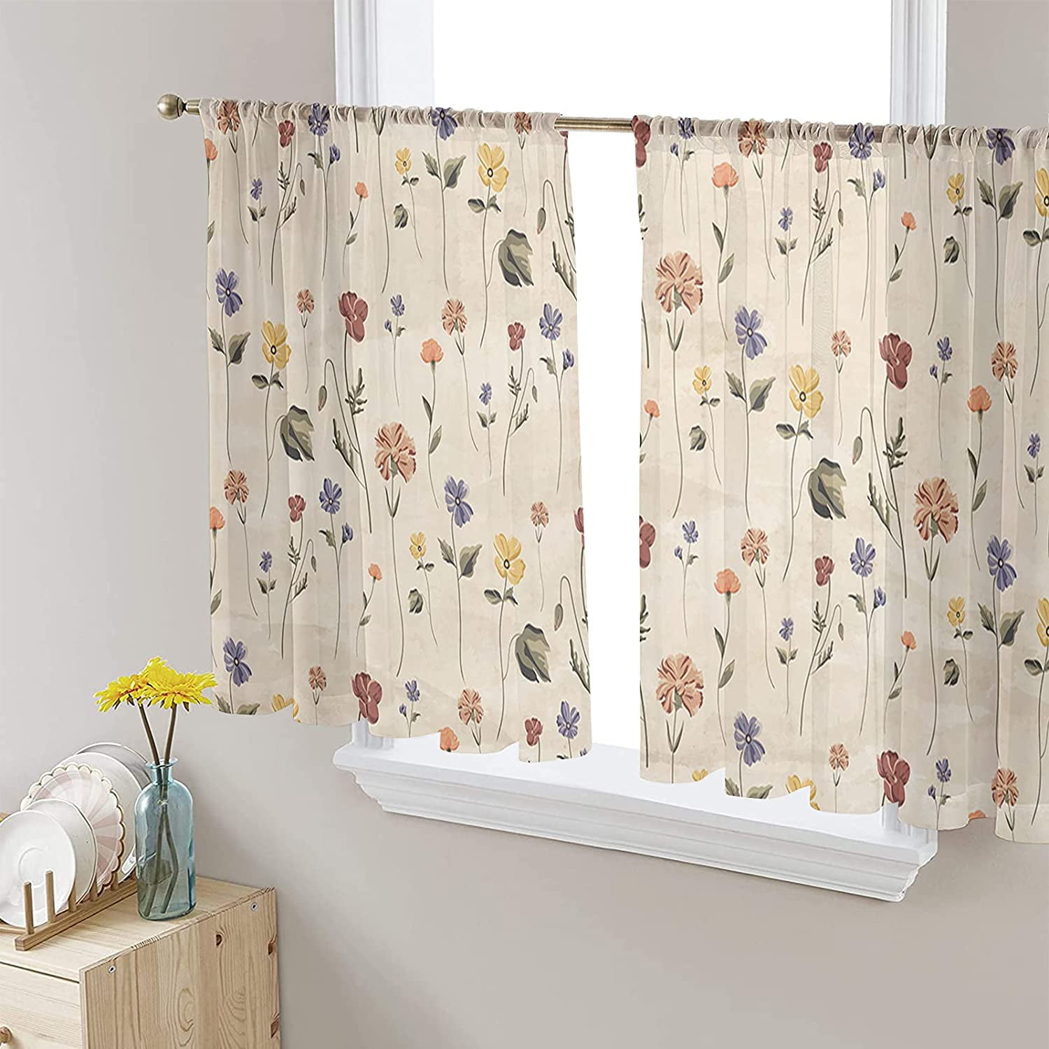 Semi Sheer Curtains 45 inch Length, Retro Small Floral Window ...