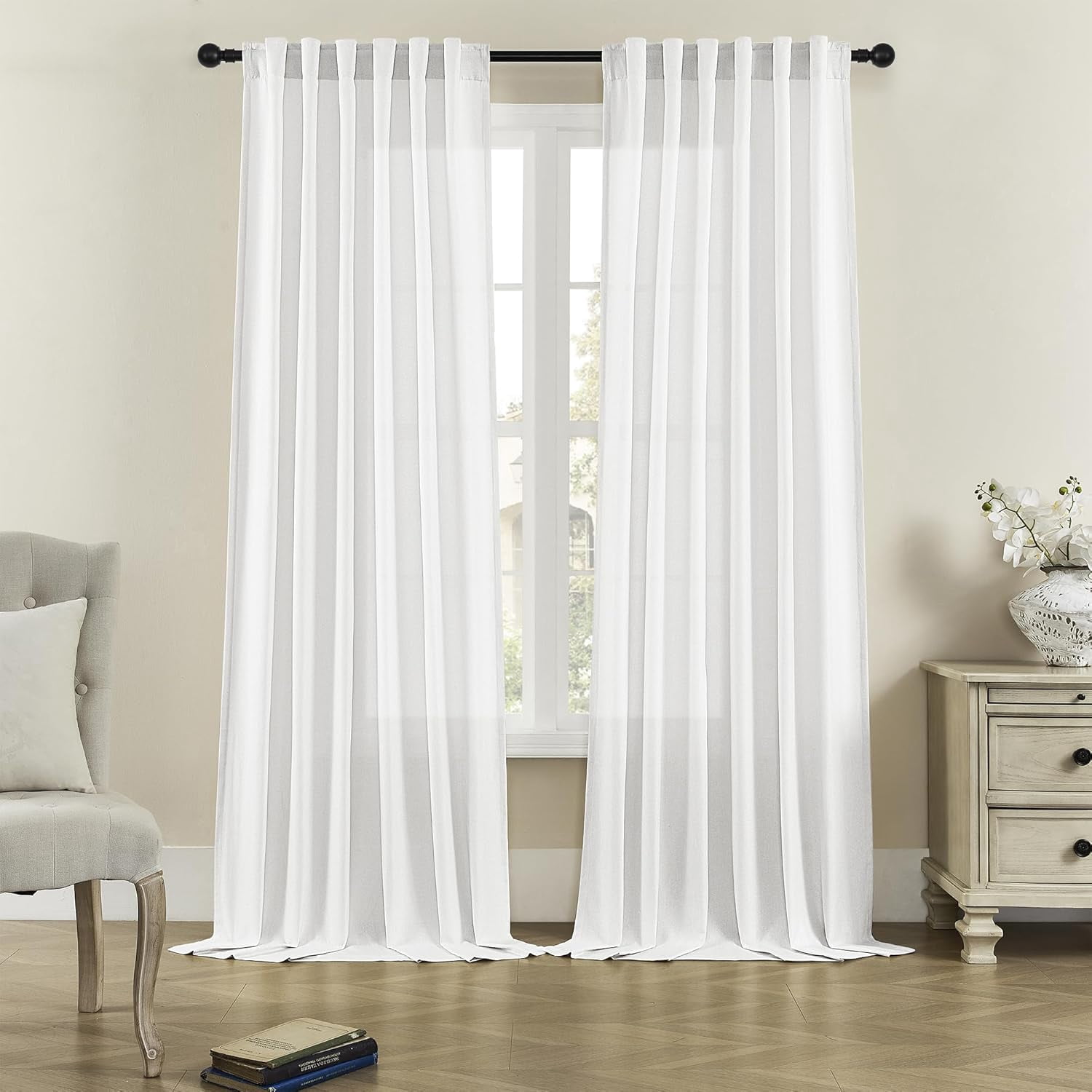 Semi Sheer Curtains 84 Inch Length for Living Room, Rod Pocket Back Tab ...