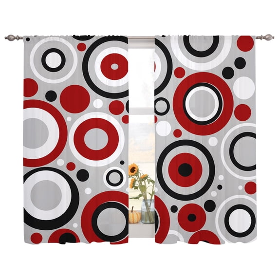 Semi Sheer Curtains Panels, Red White Black Circle on Gray Rod Pocket ...