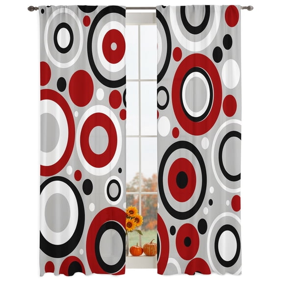 Semi Sheer Curtains Panels, Red White Black Circle on Gray Rod Pocket ...
