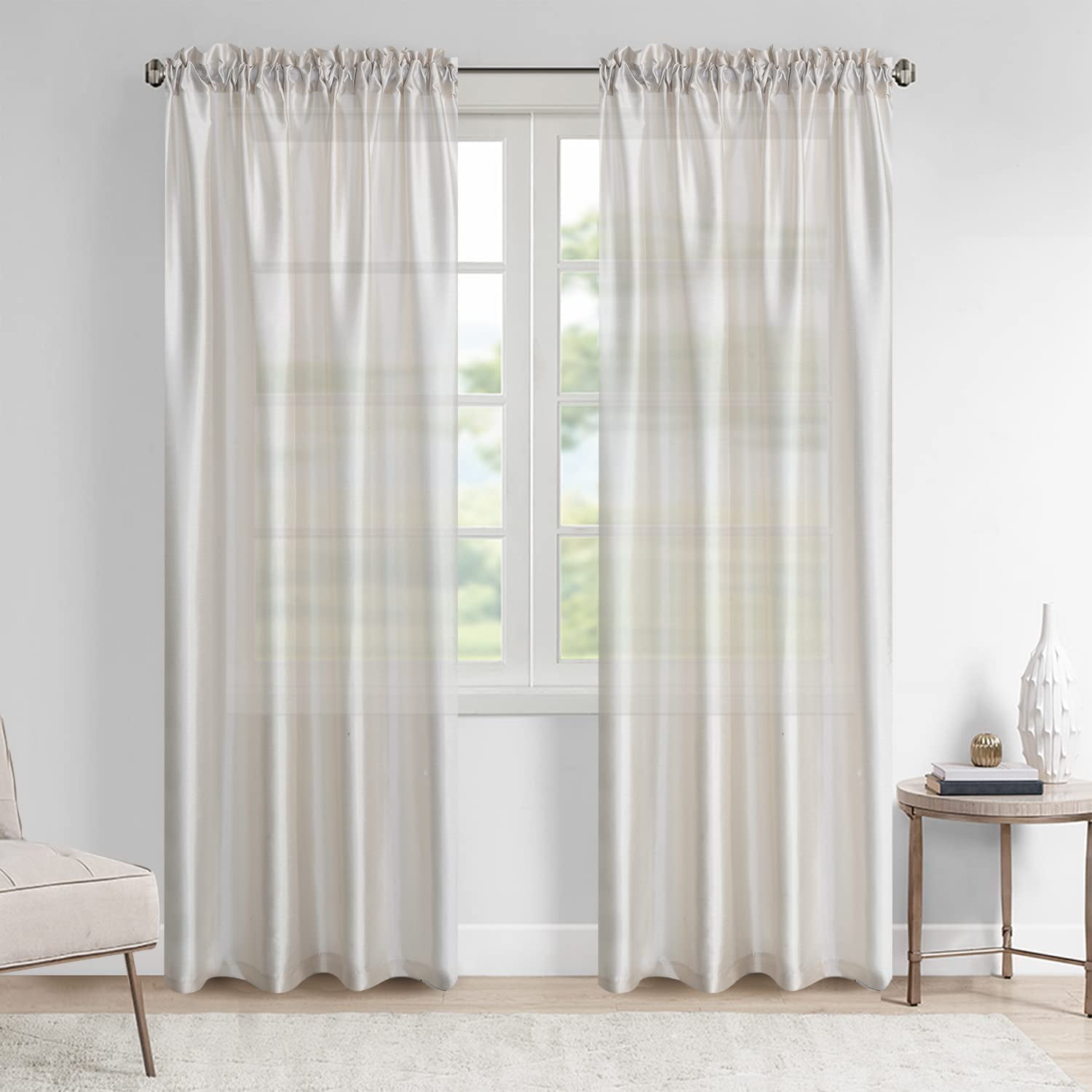 Semi Sheer Faux Silk Beige Curtains Light Filtering Dupioni Silk Drapes ...