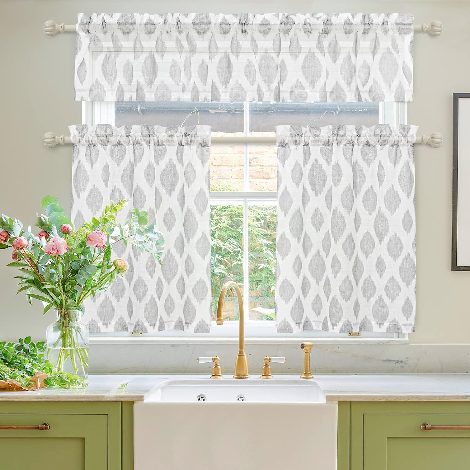 Semi-Sheer Kitchen Curtains Valance and Tiers Set Jacquard Rod Pocket ...