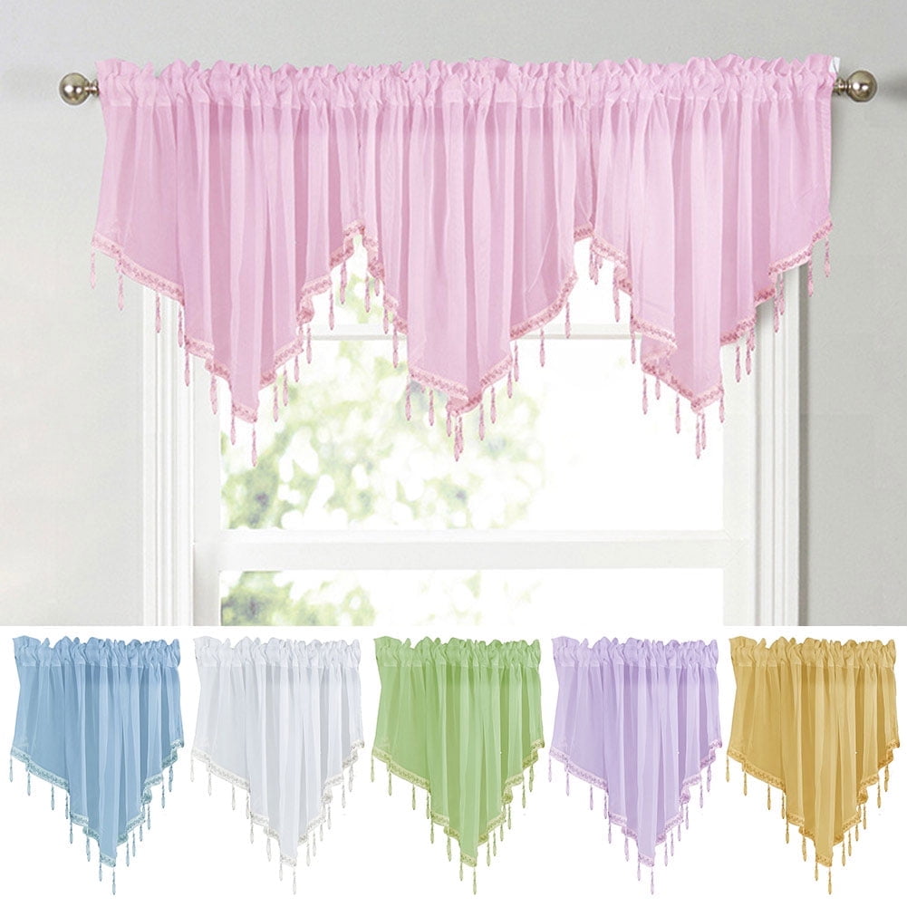 Semi Sheer Valance Curtains for Girls Room, Rod Pocket Beaded Trim ...