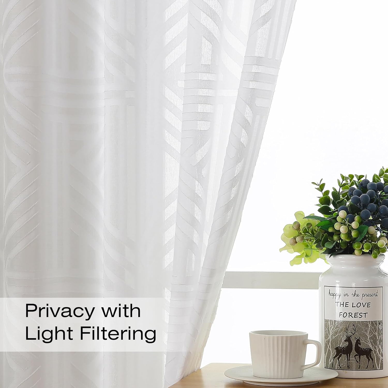 Semi Sheer White Curtains 45 Inch Length 2 Panels, Geometric Jacquard ...