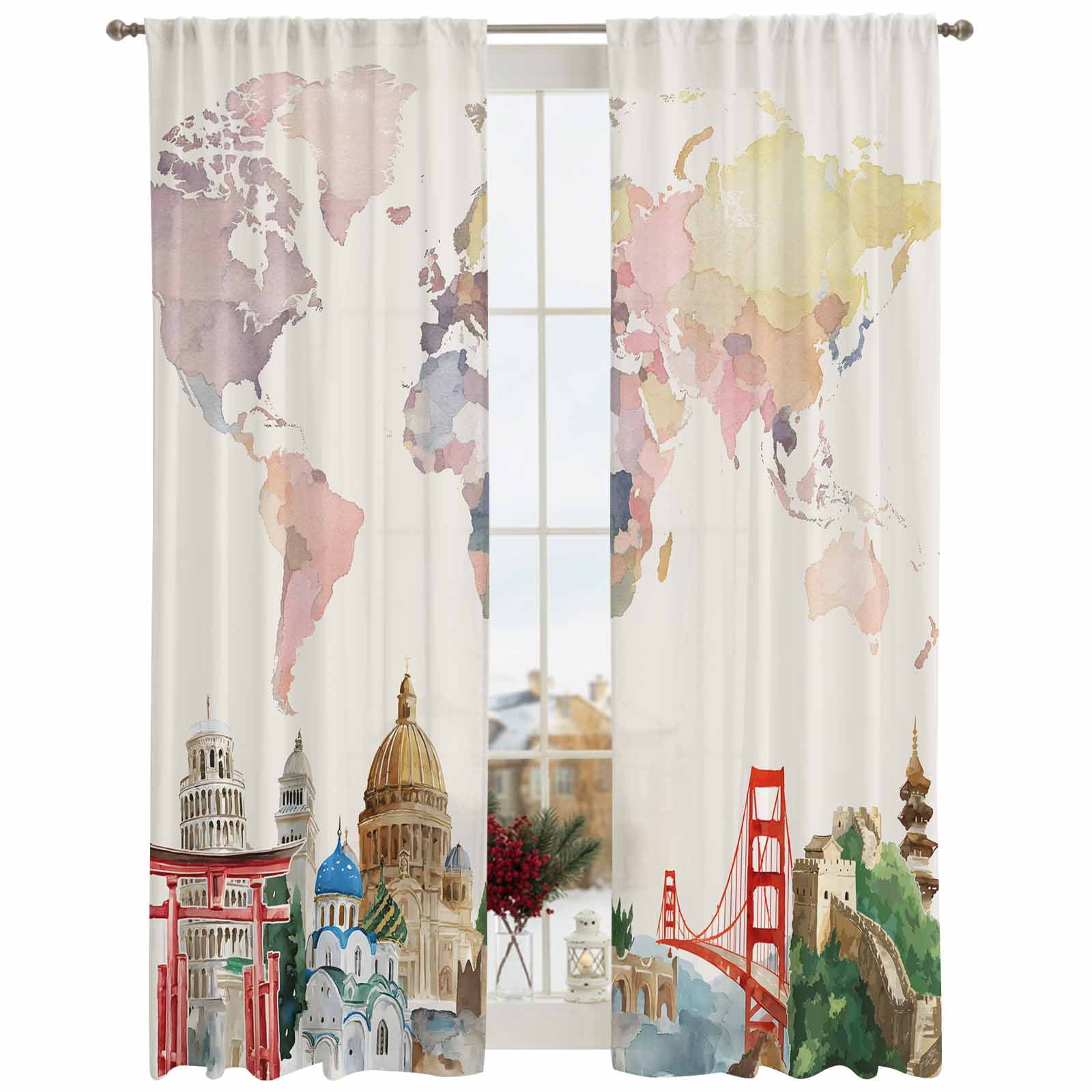 Semi Sheer Window Curtains 108 Inches Long, World Map Rod Pocket Voile ...