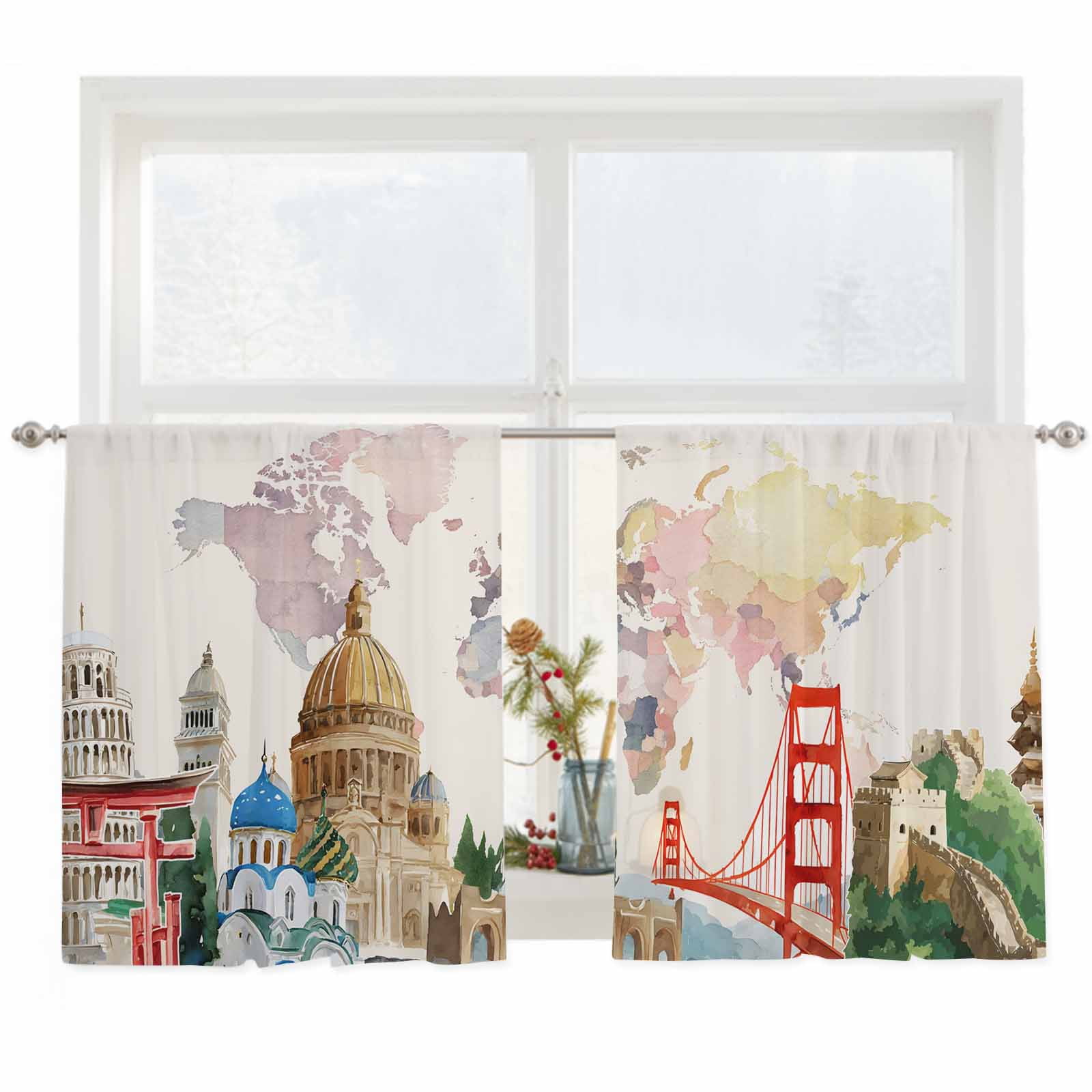 Semi Sheer Window Curtains 45 Inches Long, World Map Rod Pocket Voile ...