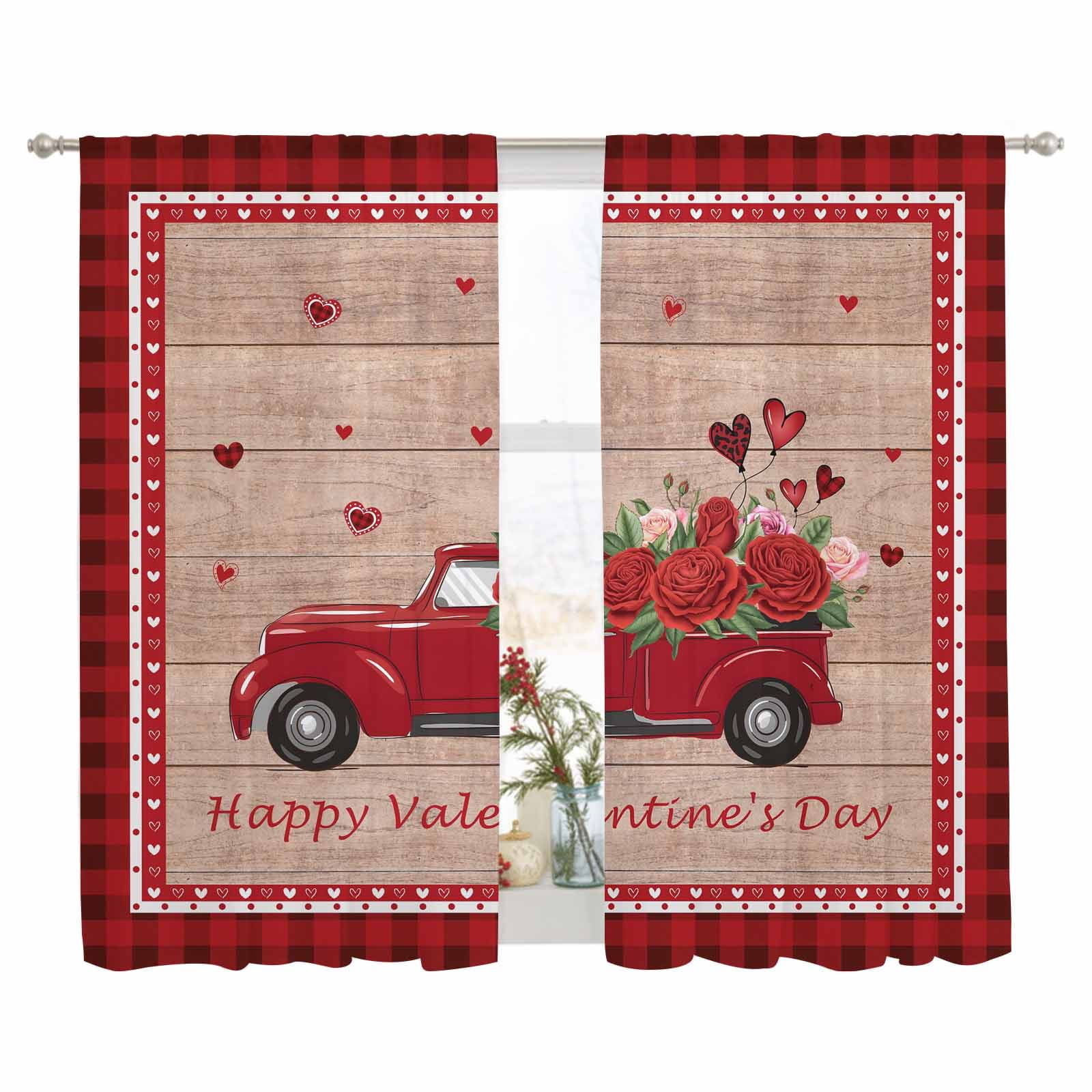 Semi Sheer Window Curtains 63 Inches Long, Red Valentine's Day Rod ...