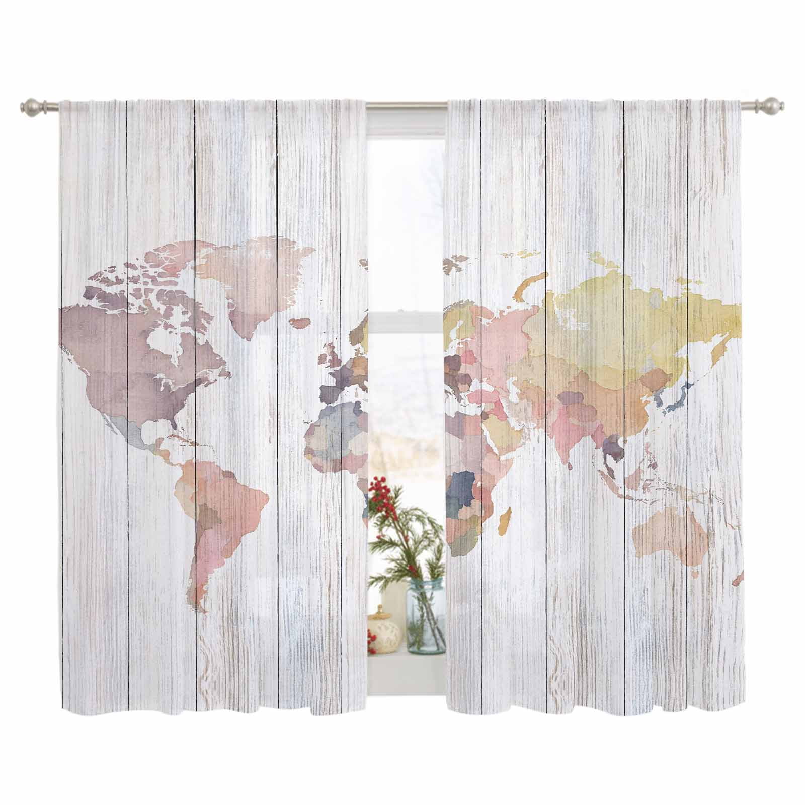 Semi Sheer Window Curtains 72 Inches Long, World Map Rod Pocket Voile ...