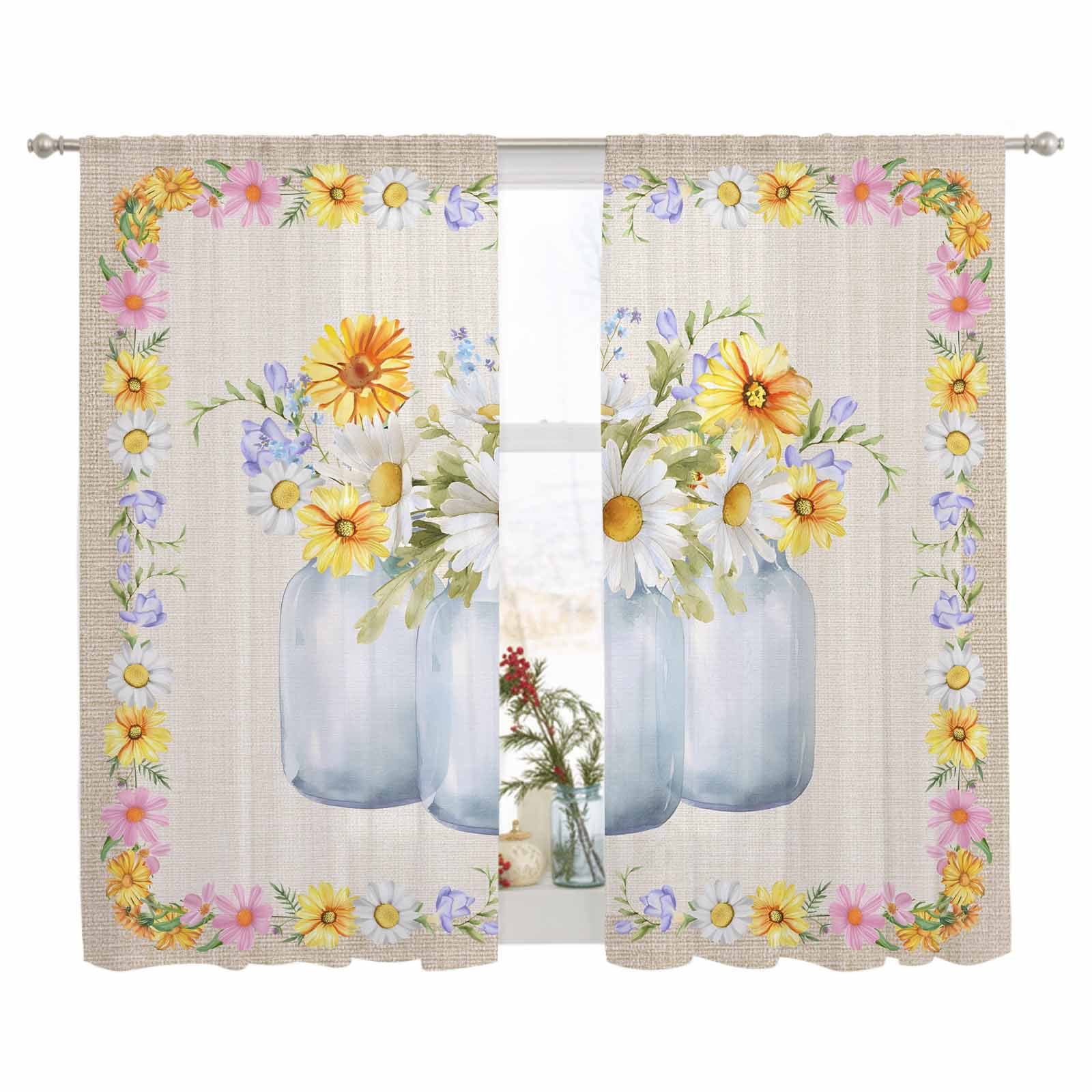 Semi Sheer Window Curtains 72 Inches Long, Yellow White Daisy Rod ...