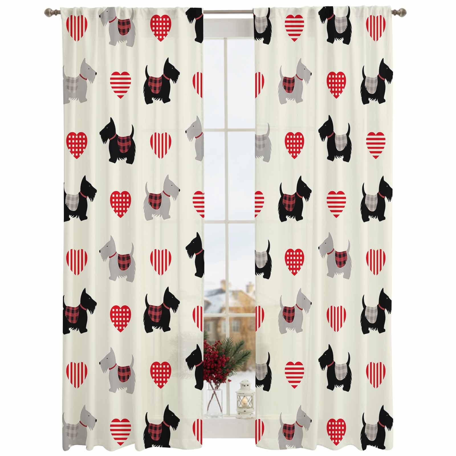 Semi Sheer Window Curtains 96 Inches Long, Cute Scotch Dogs Rod Pocket ...