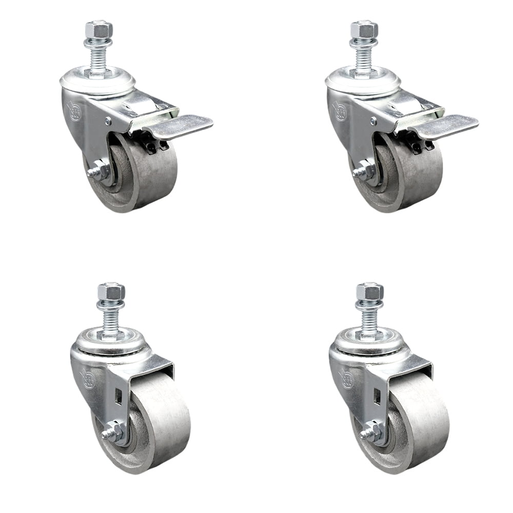 Semi Steel Swvl TS Caster Set 4 -3" Wheel&1/2" Stems-2 w/TTL BRK ...