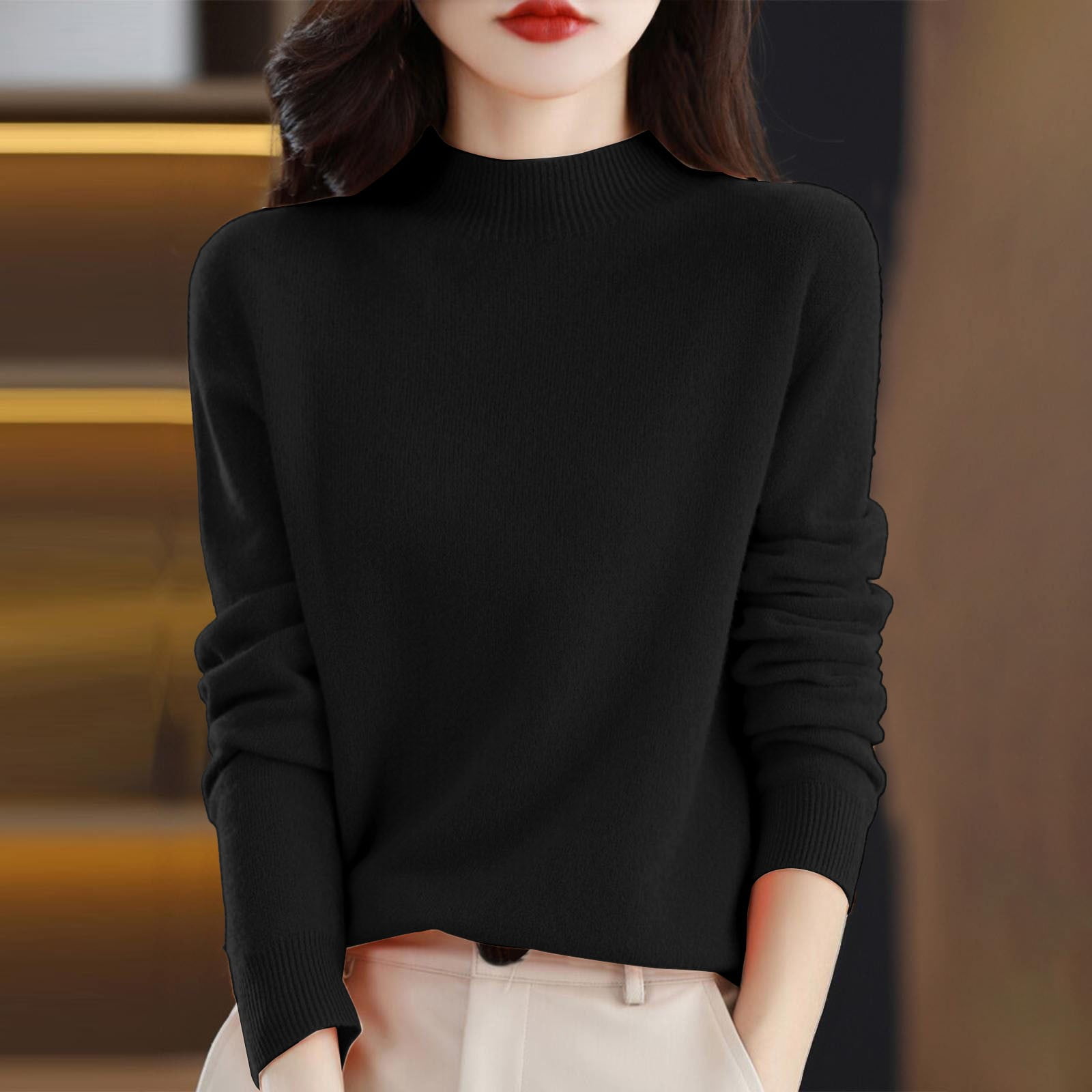 Semi Turtleneck Long Sleeve Solid Color Pullover With Base Shirt ...