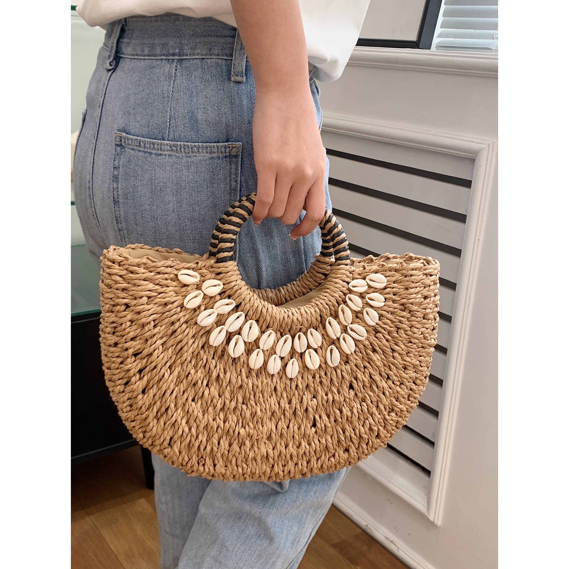 Semi-circle Beach Rattan Straw Handbags with Tassels Pendant, Simple ...