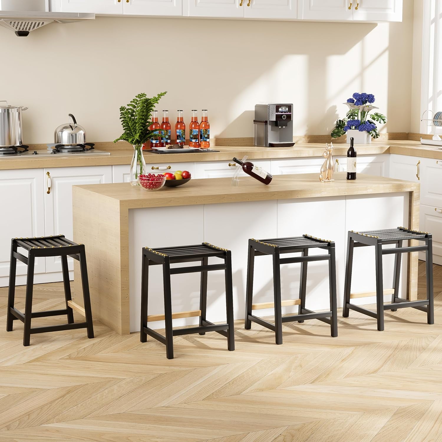 Semiocthome Bamboo Bar Stools Set of 4 for Kitchen, Counter Height ...