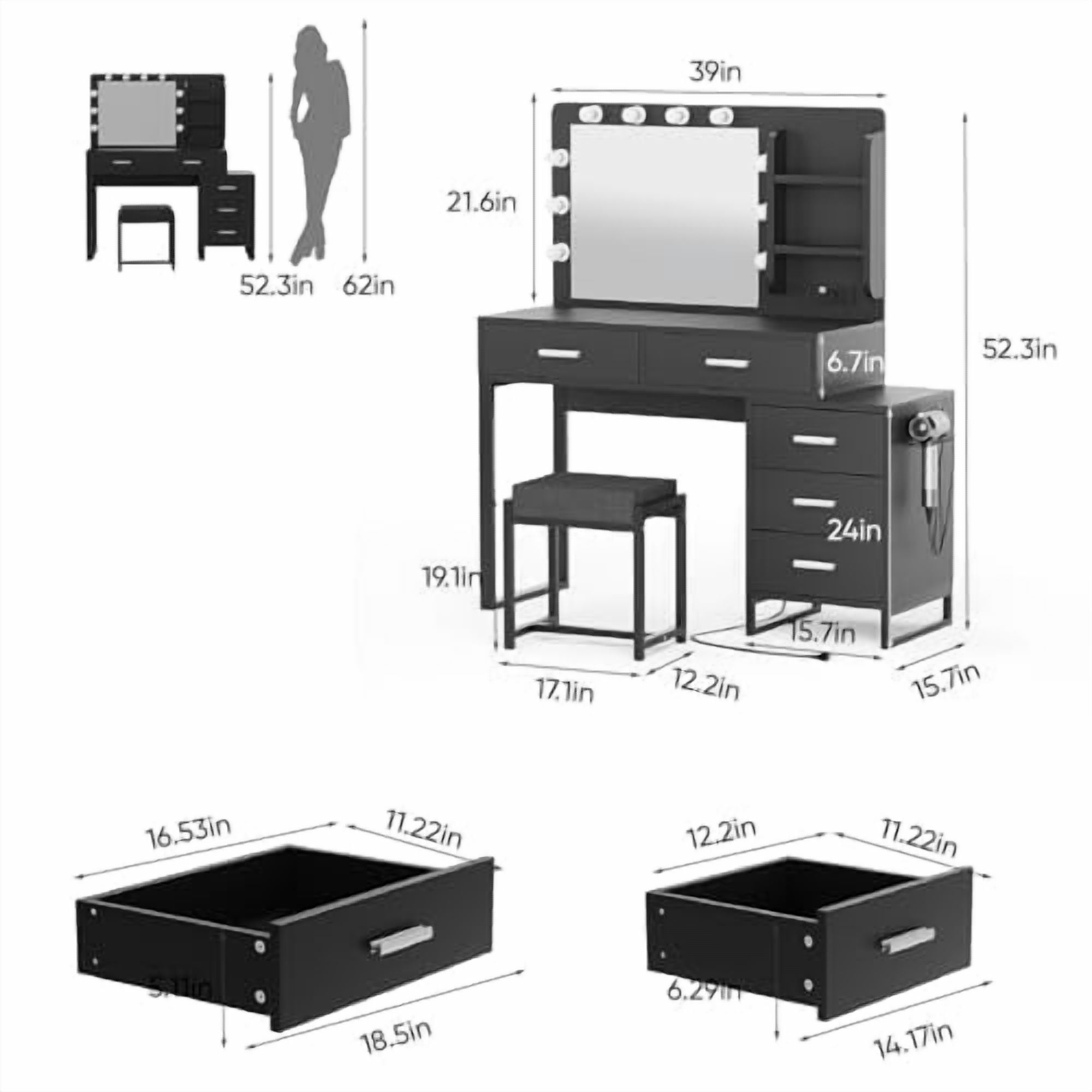 Semiocthome Makeup Vanity Desk with Mirror and Lights, Make Up Vanity ...