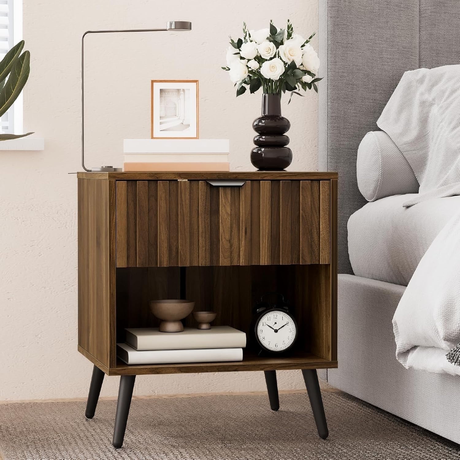 Semiocthome Mid Century Nightstand with Drawer and Open Shelf,Bedside ...