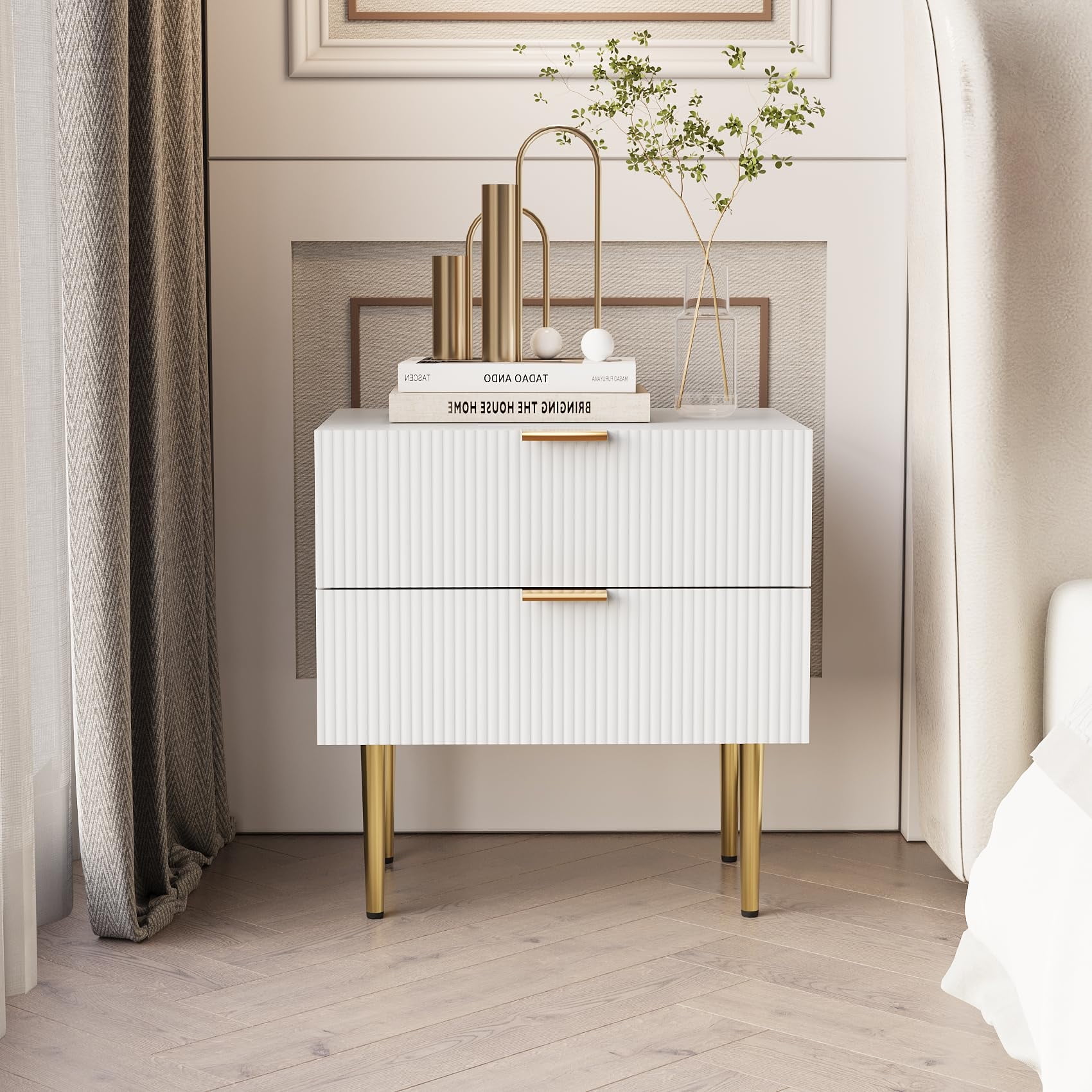 Semiocthome White Nightstand Modern Night Stand with 2 Wave Fluted ...
