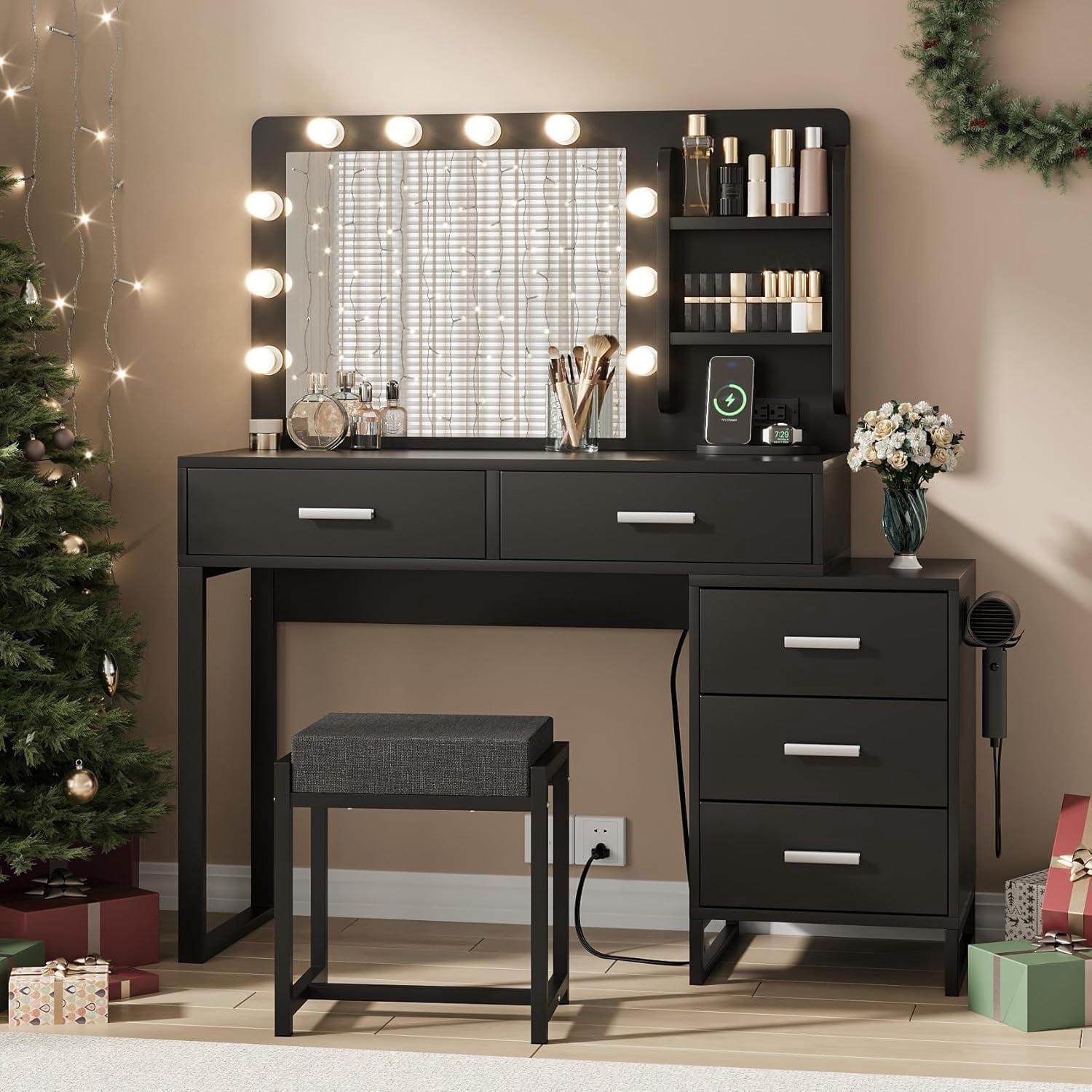 Semiocthome Modern Makeup Vanity with LED Lighted Mirror, Power Outlet ...