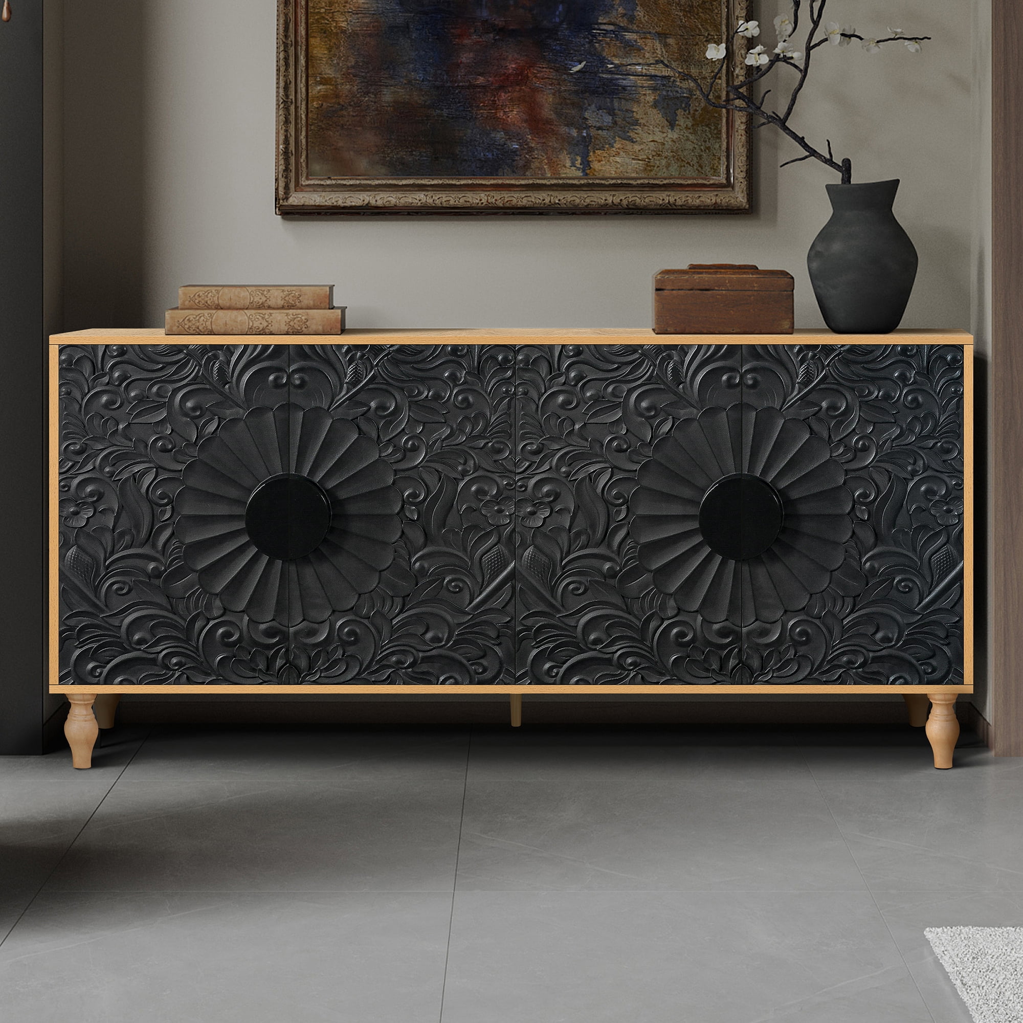 Semiocthome Modern Storage Cabinet with Black Carved Symmetrical Design ...