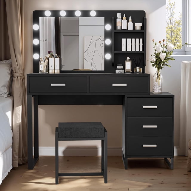 Semiocthome Modern Vanity Table and Cushioned Stool Set, 10 Lighted ...