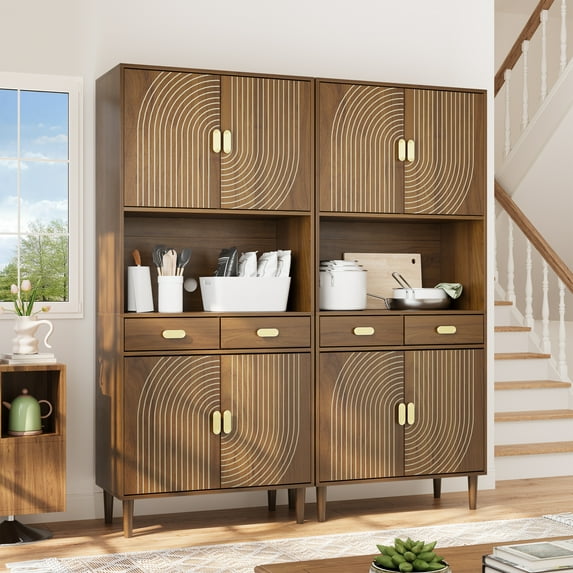 Semiocthome Pantry Storage Cabinet with Line Groove Design, Microwave ...