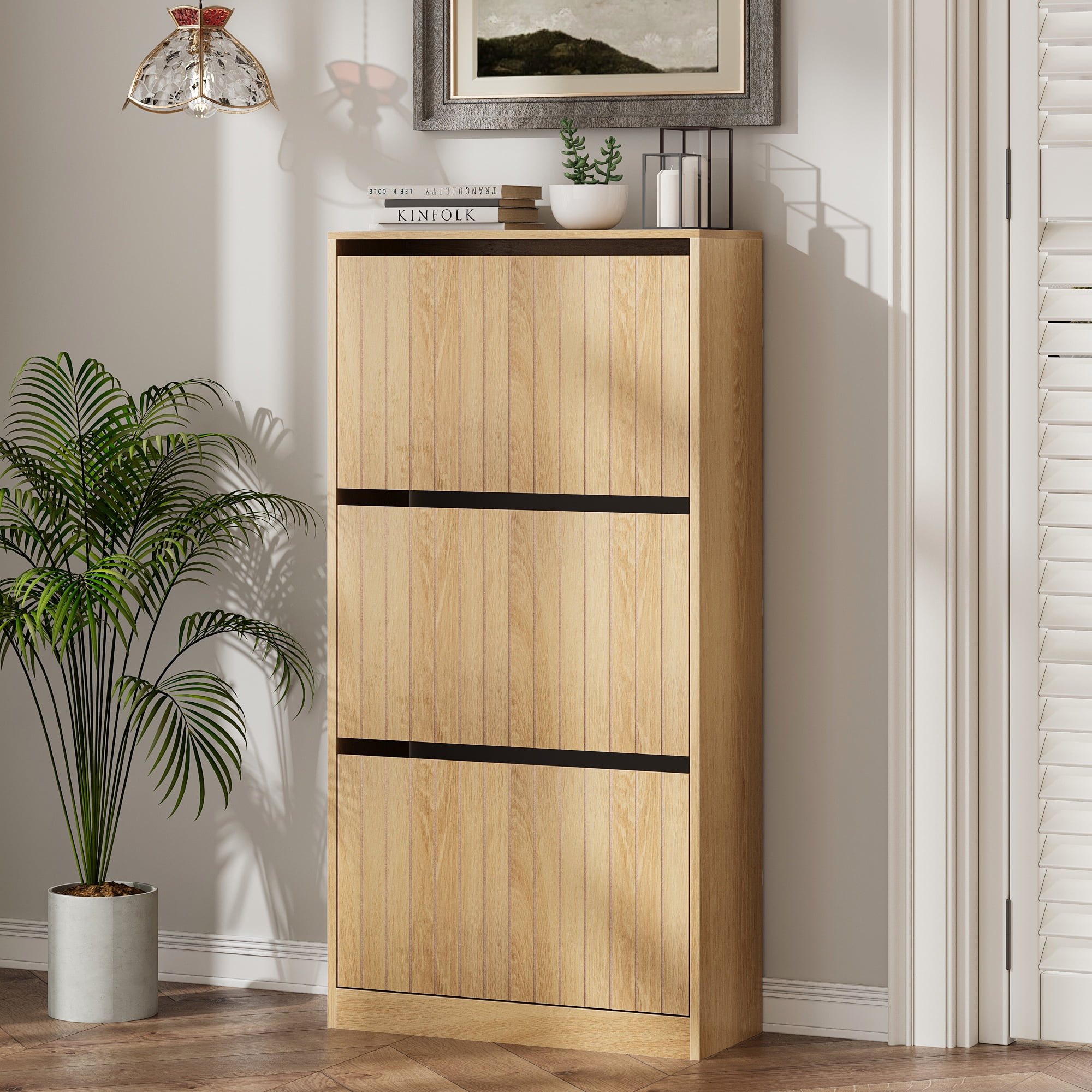 Semiocthome Shoe Cabinet with Vertical Groove Doors 3 Flip Drawers ...