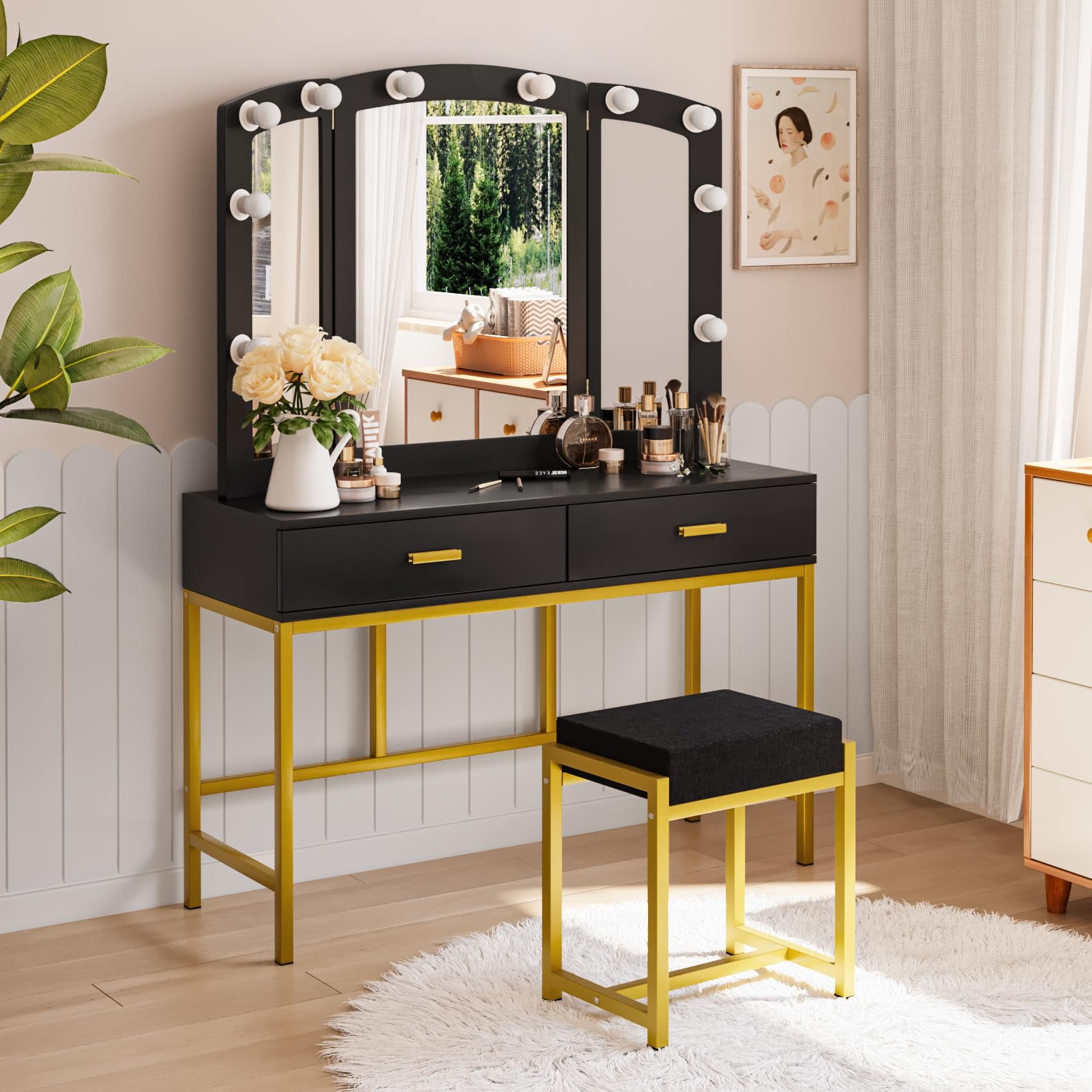 Semiocthome Modern Vanity Table with 10 LED Lights, Lighted Mirror, and ...