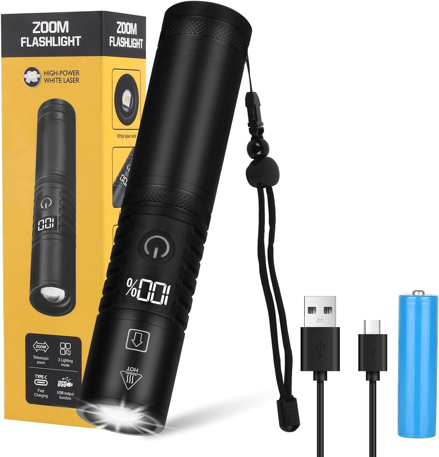 Semlos LED Flashlight 1500 Lumens with Display Screen, Zoomable and ...
